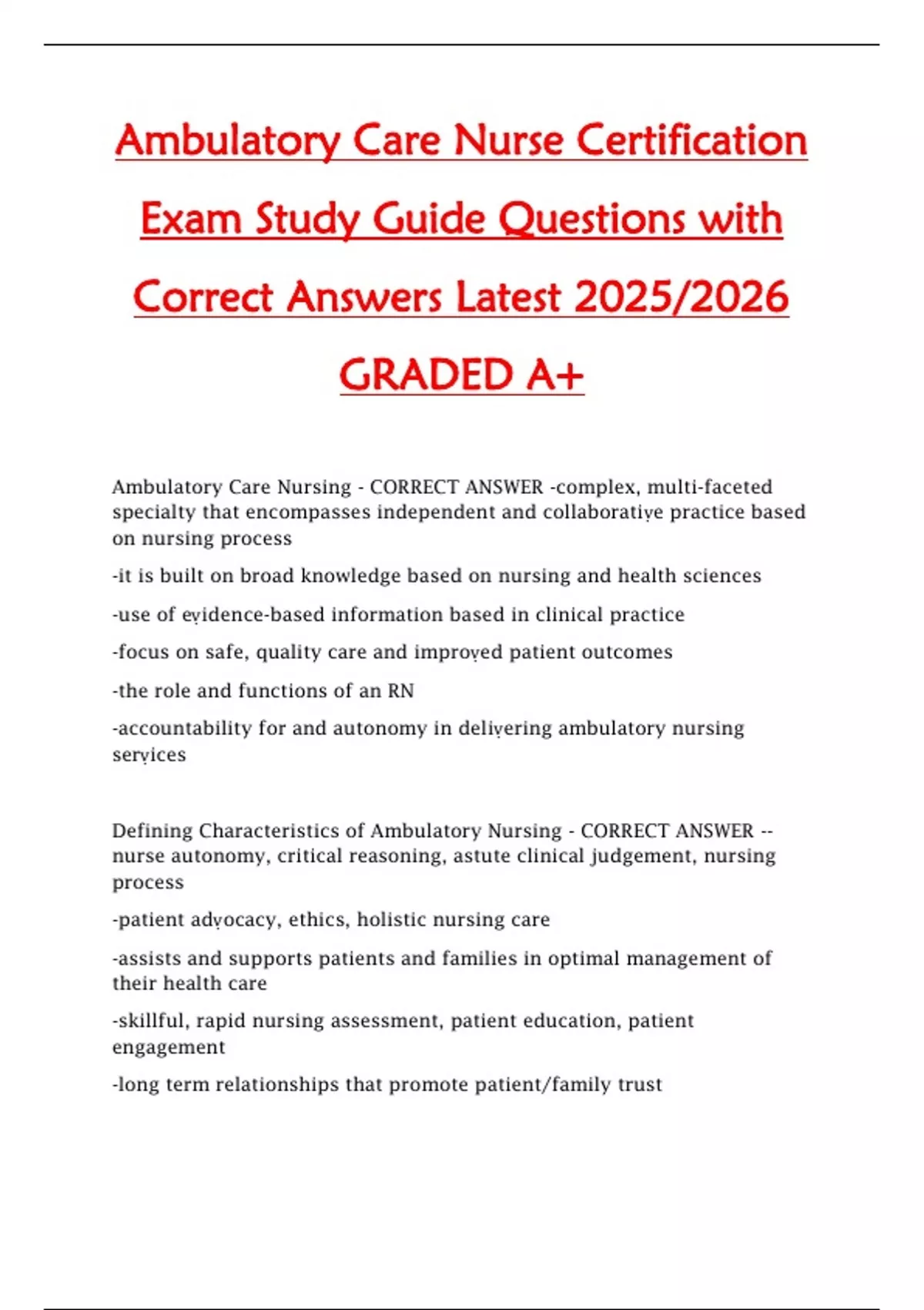 BUNDLE for Ambulatory Care Nursing Certification Questions with Correct ...