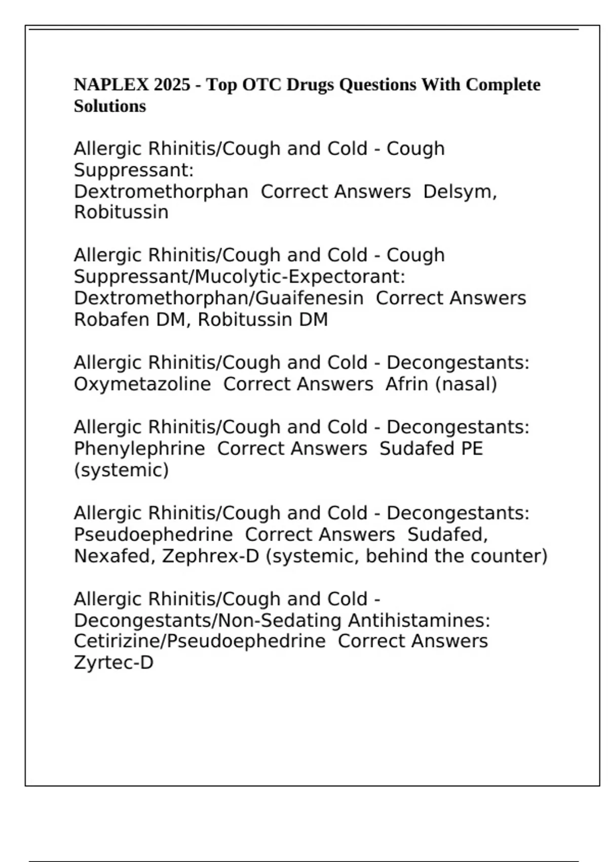 NAPLEX 2025 - Top OTC Drugs Questions With Complete Solutions - NAPLEX ...