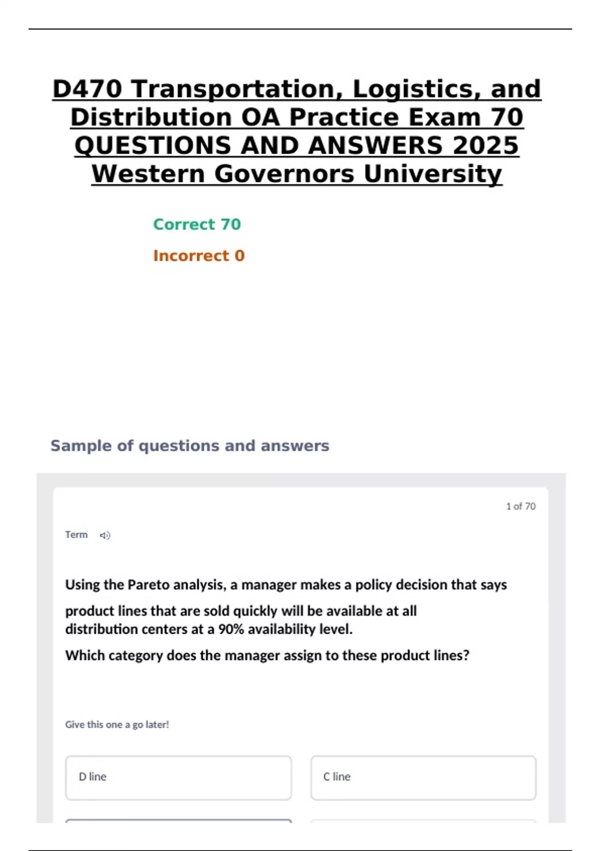 D470 Transportation, Logistics, and Distribution OA Practice Exam 70 QUESTIONS AND ANSWERS 2025 ...