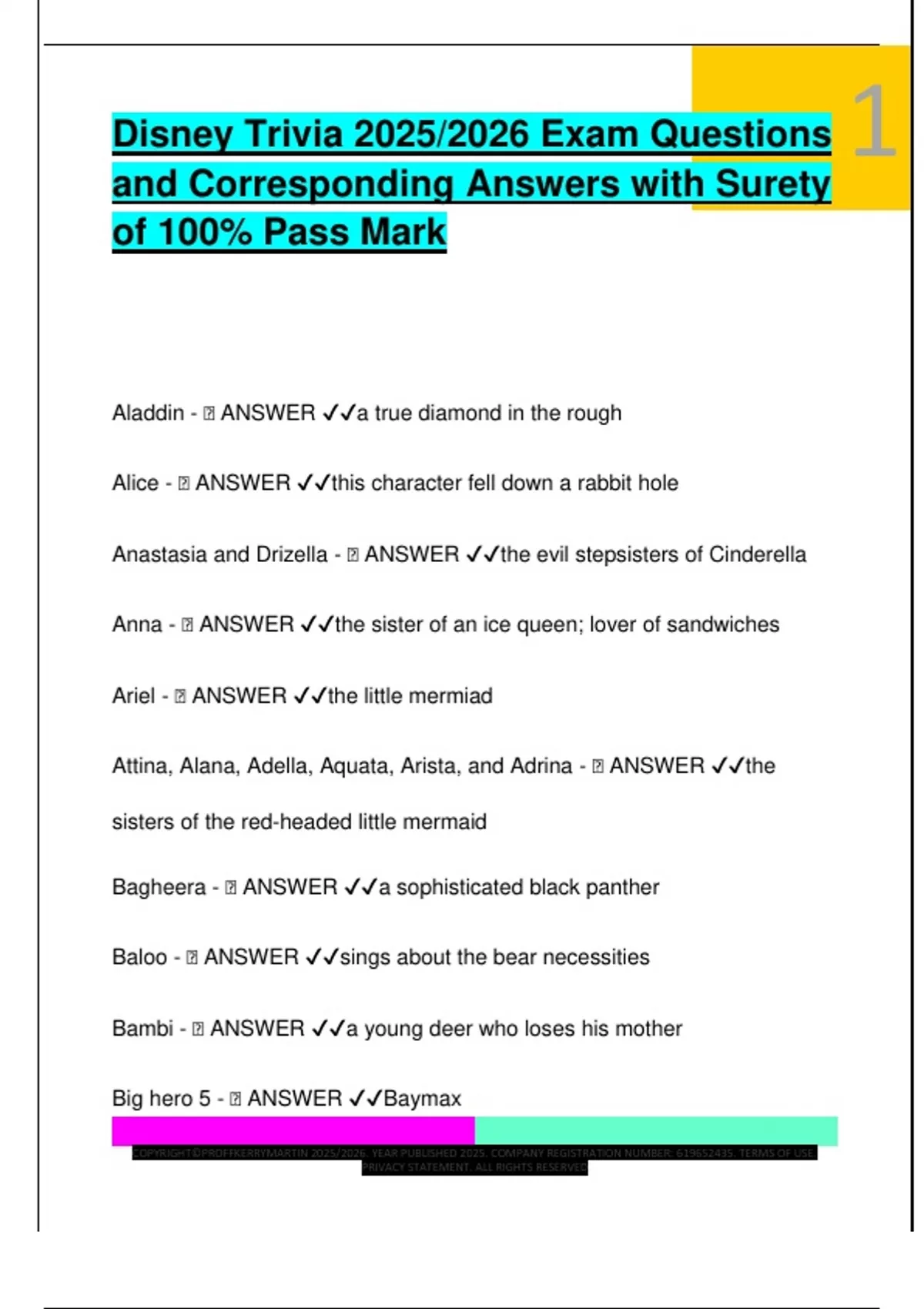 Disney Trivia 2025/2026 Exam Questions and Corresponding Answers with ...