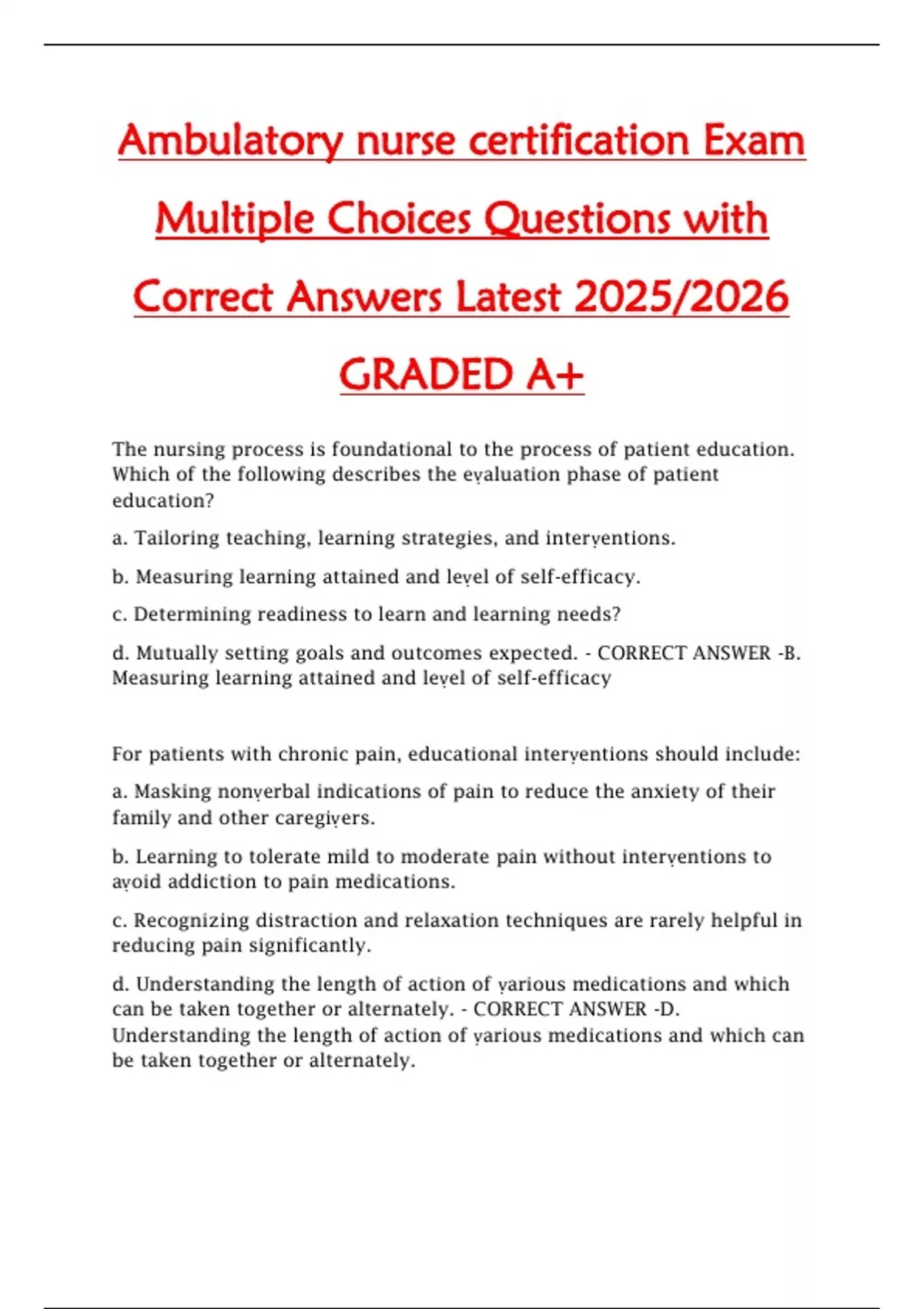 Ambulatory nurse certification Exam Multiple Choices Questions with ...