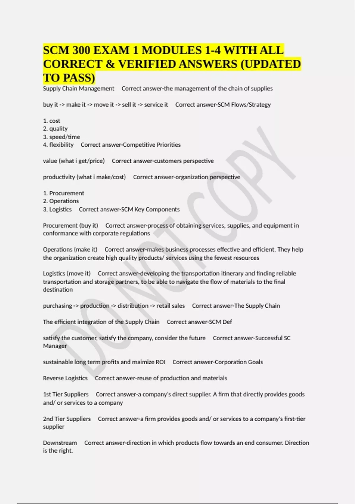 SCM 300 EXAM 1 MODULES 1-4 WITH ALL CORRECT & VERIFIED ANSWERS (UPDATED ...
