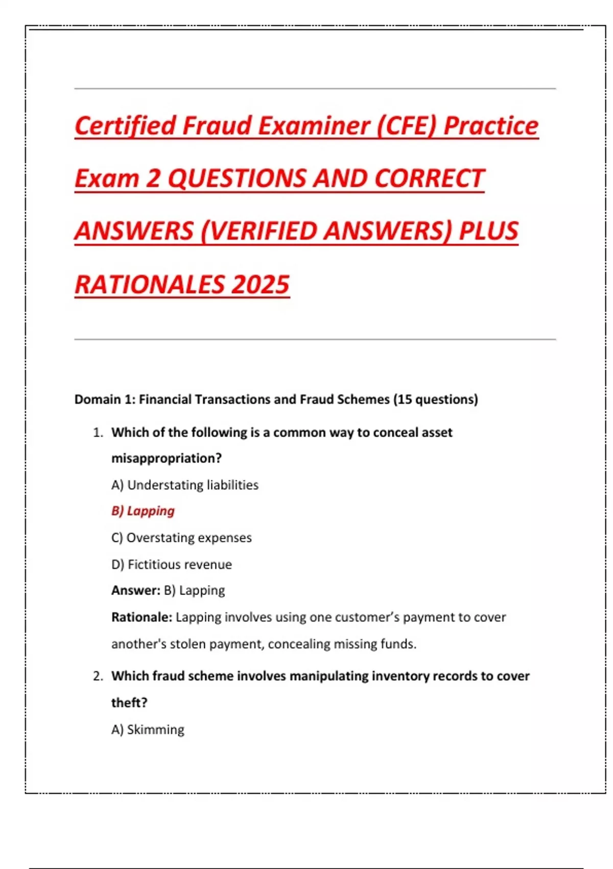 FRAUD EXAMINATION CERTIFICATION (CFE) PRACTICE EXAM 1 and 2 QUESTIONS ...