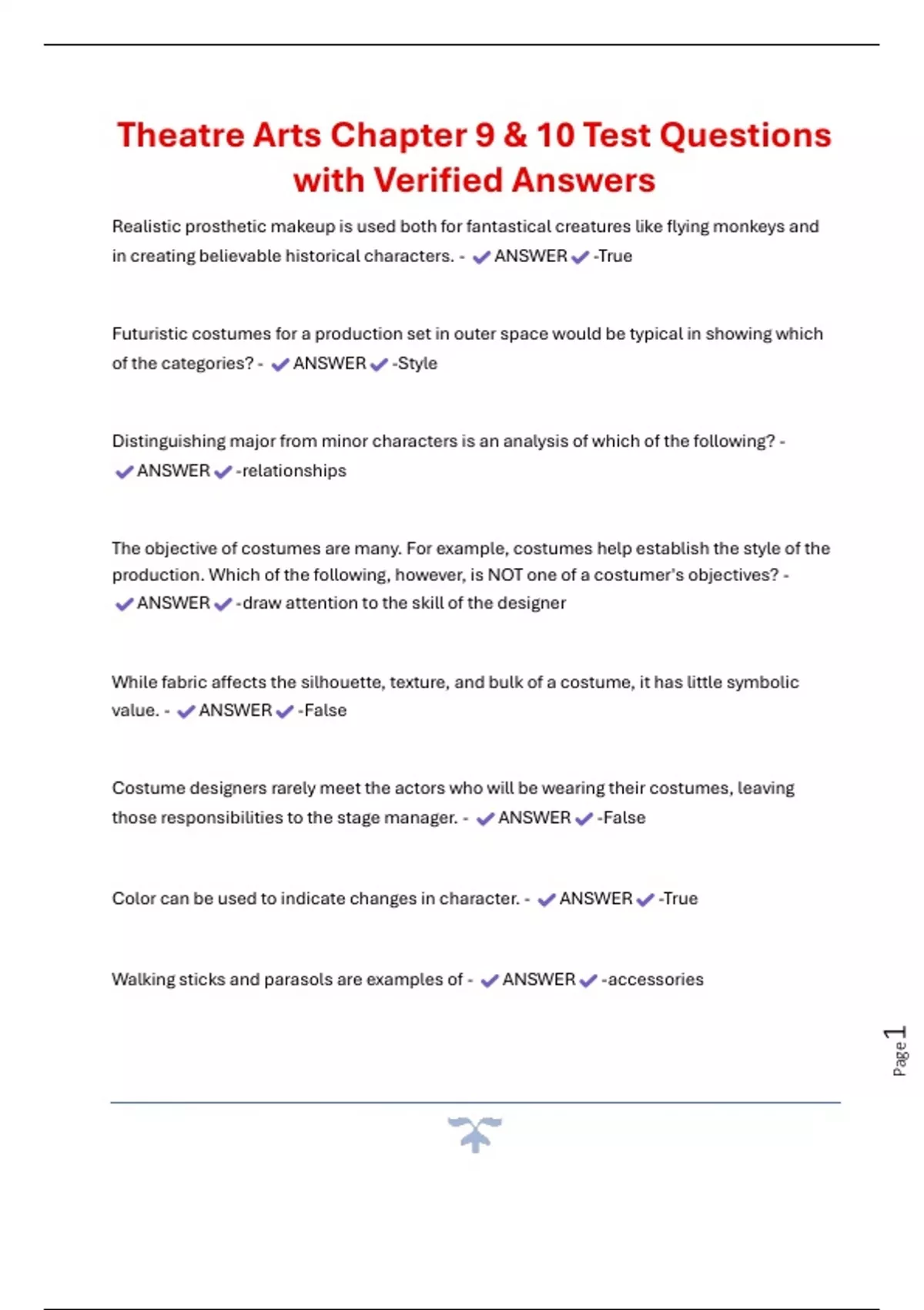 Theatre Arts Chapter 9 & 10 Test Questions with Verified Answers ...