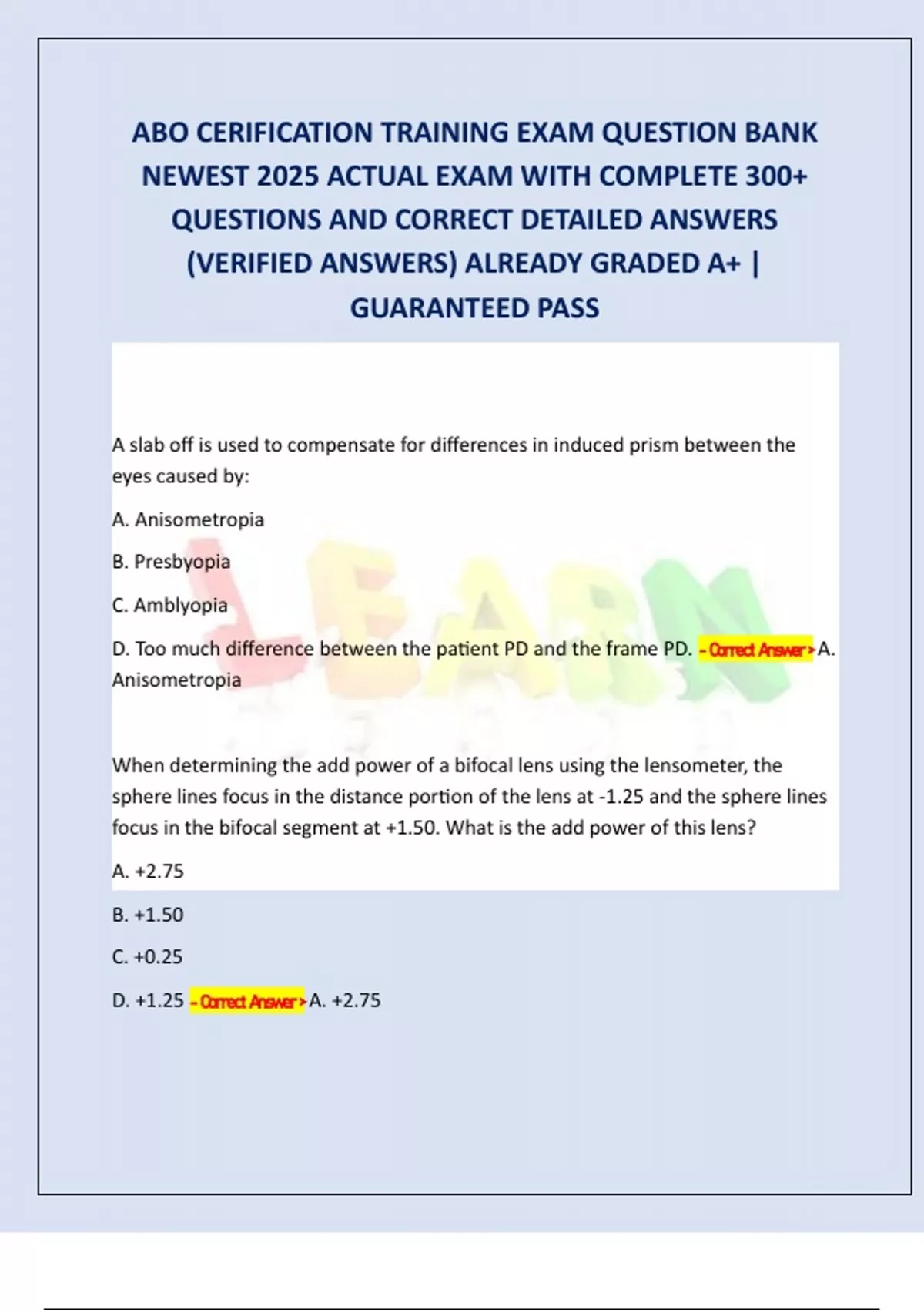 ABO CERIFICATION TRAINING EXAM QUESTION BANK NEWEST 2025 ACTUAL EXAM ...