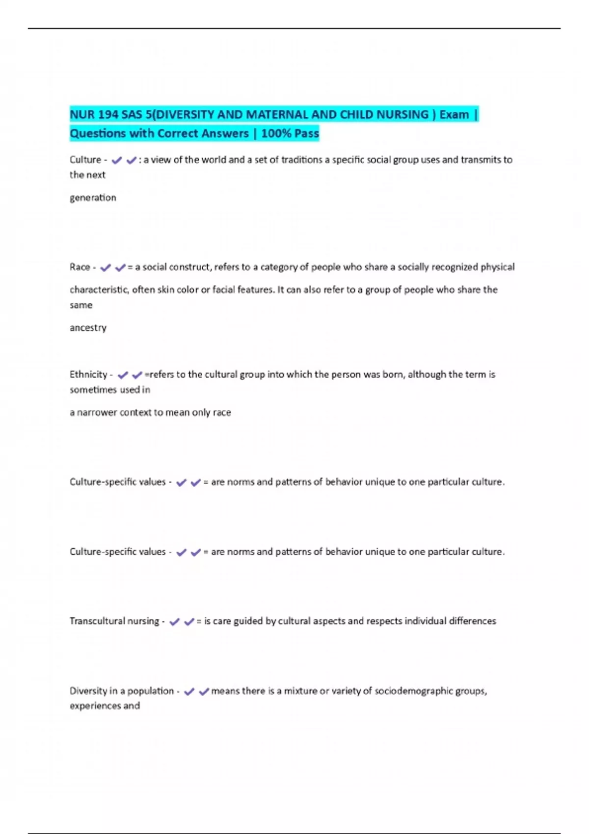 NUR 194 SAS 5(DIVERSITY AND MATERNAL AND CHILD NURSING ) Exam ...
