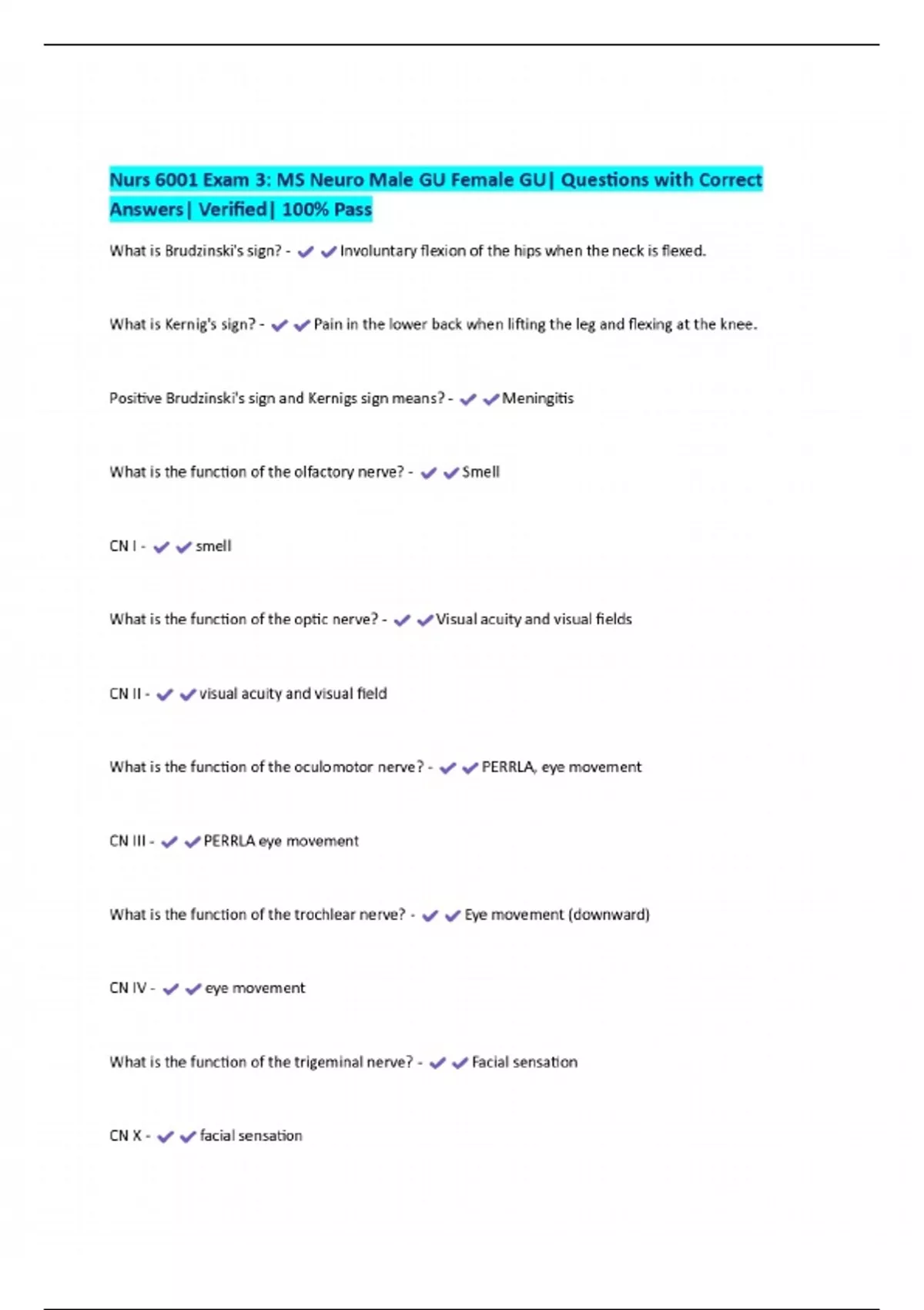Nurs 6001 Exam 3: MS Neuro Male GU Female GU| Questions with Correct ...