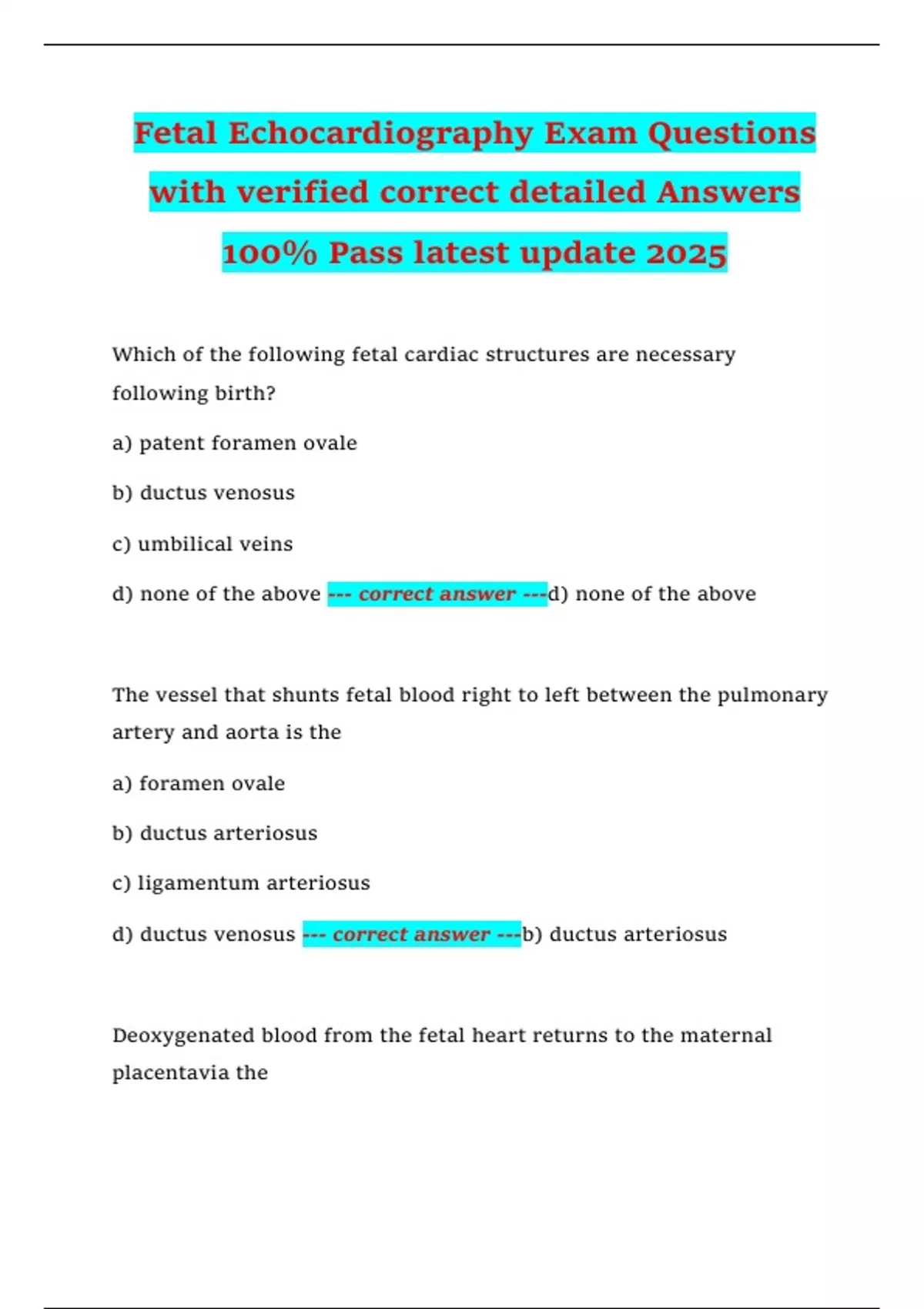 Fetal Echocardiography Exam Questions with verified correct detailed ...
