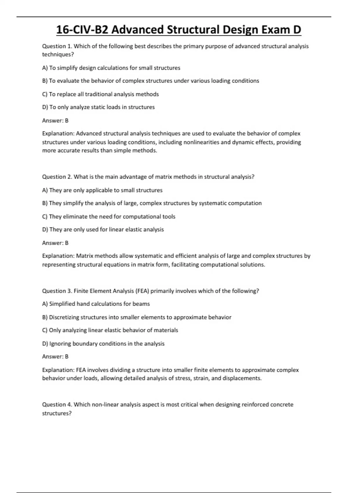16-CIV-B2 Advanced Structural Design Exam D - Computer - Stuvia US