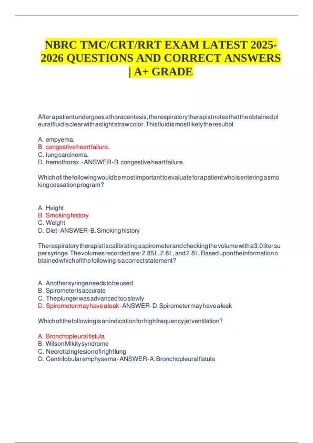 NBRC TMC / CRT / RRT Exam Latest 2025–2026 – Updated Practice Questions ...