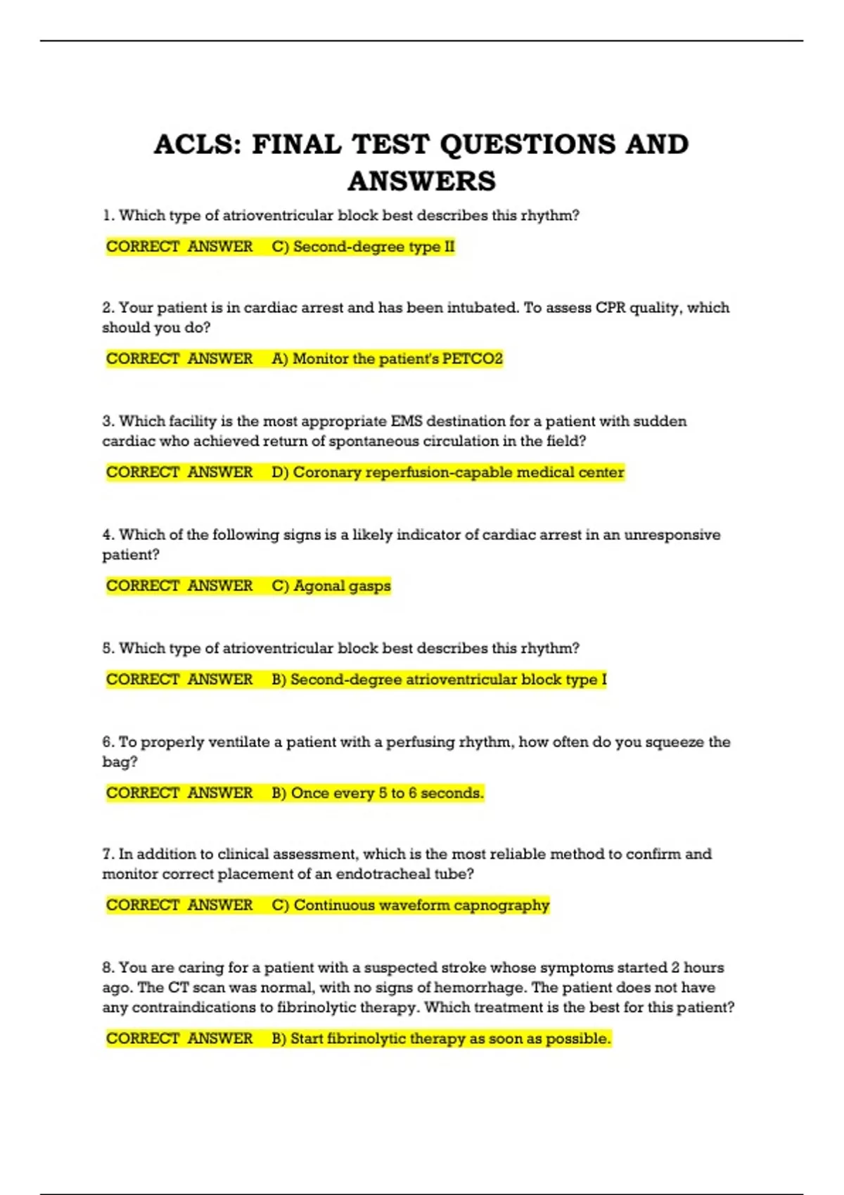 ACLS: TEST QUESTIONS AND ANSWERS - Acls - Stuvia US