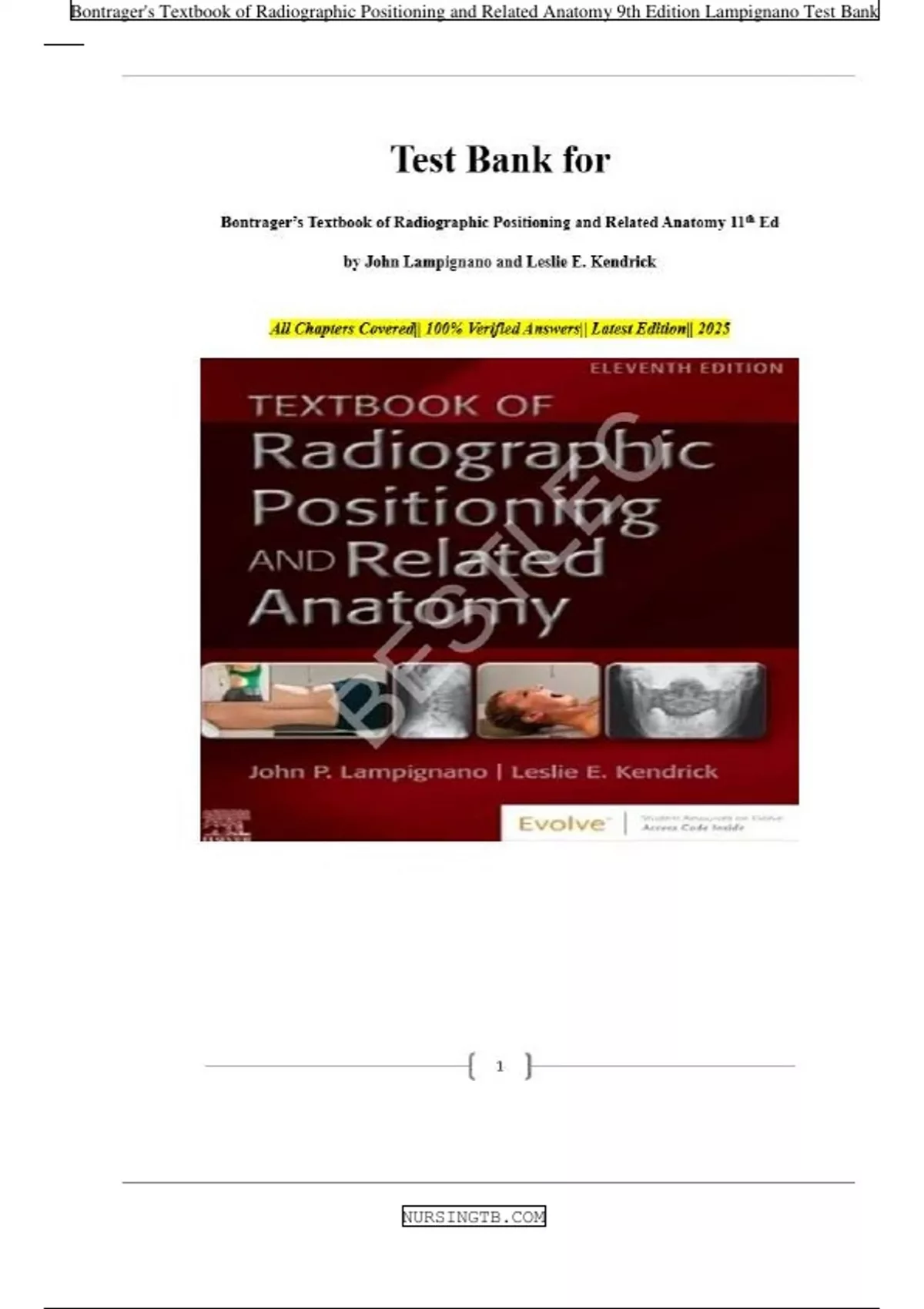 Test Bank for Bontrager’s Textbook of Radiographic Positioning and ...