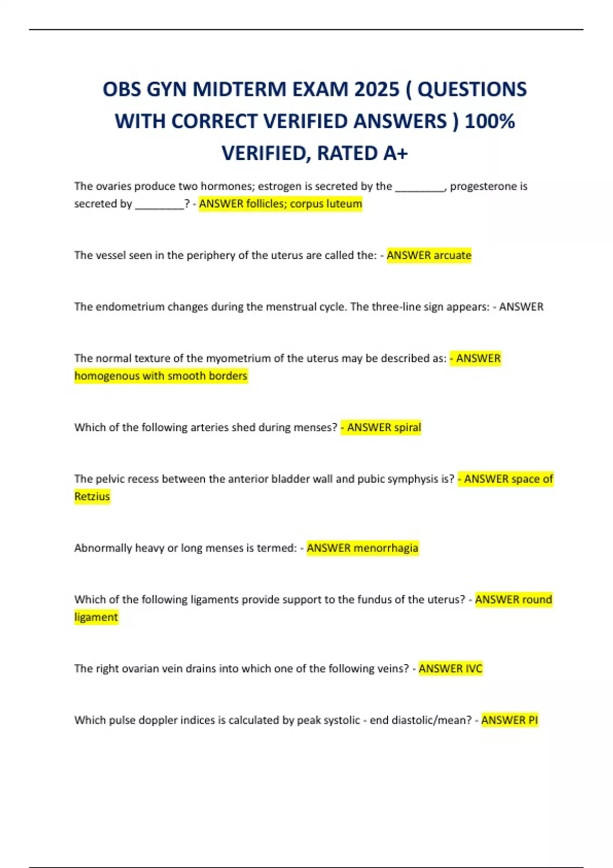 OBS GYN MIDTERM EXAM 2025 ( QUESTIONS WITH CORRECT VERIFIED ANSWERS ) 100% VERIFIED, RATED A+ ...