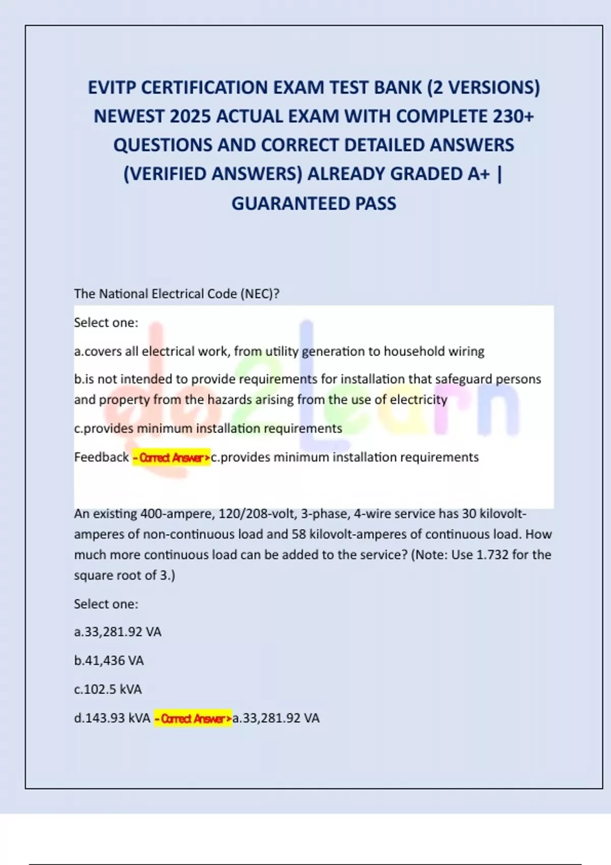 EVITP CERTIFICATION EXAM TEST BANK (2 VERSIONS) NEWEST 2025 ACTUAL EXAM ...