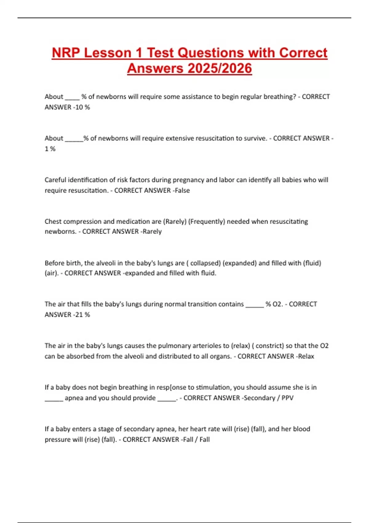 NRP Lesson 1 Test Questions with Correct Answers 2025/2026 - NRP ...