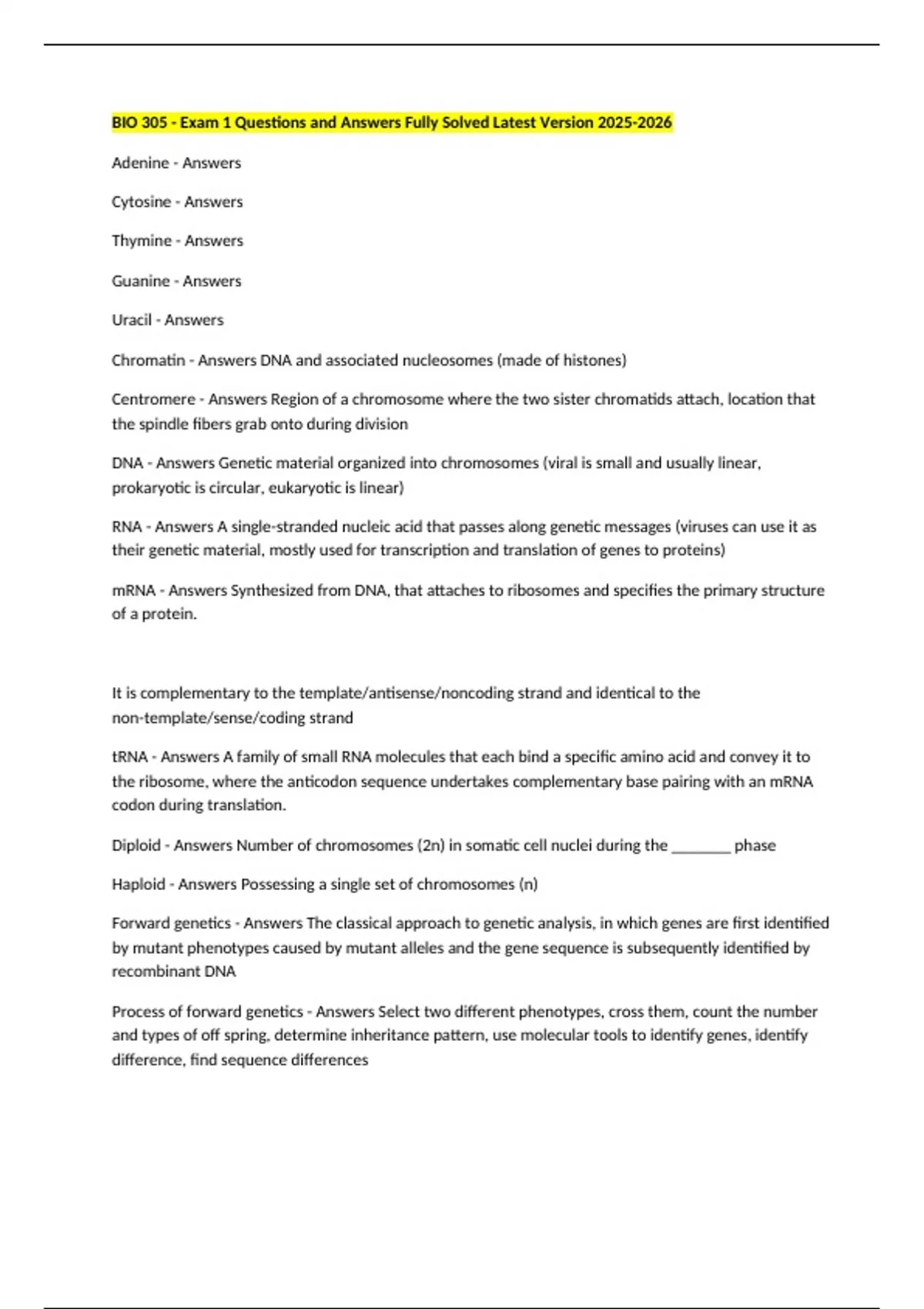 BIO 305 - Exam 1 Questions and Answers Fully Solved Latest Version ...
