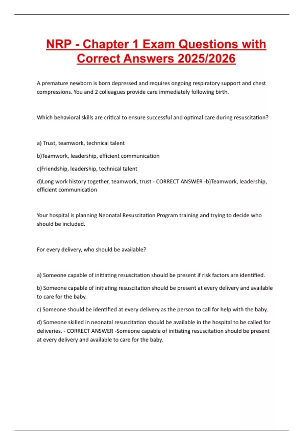 NRP - Chapter 1 Exam Questions with Correct Answers 2025/2026 - NRP ...