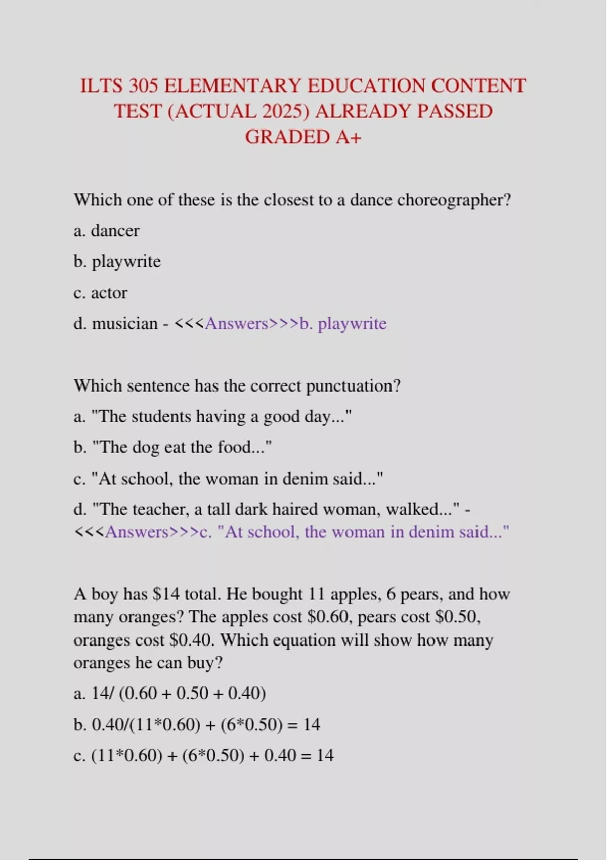 ILTS 305 ELEMENTARY EDUCATION CONTENT TEST (ACTUAL 2025) ALREADY PASSED ...