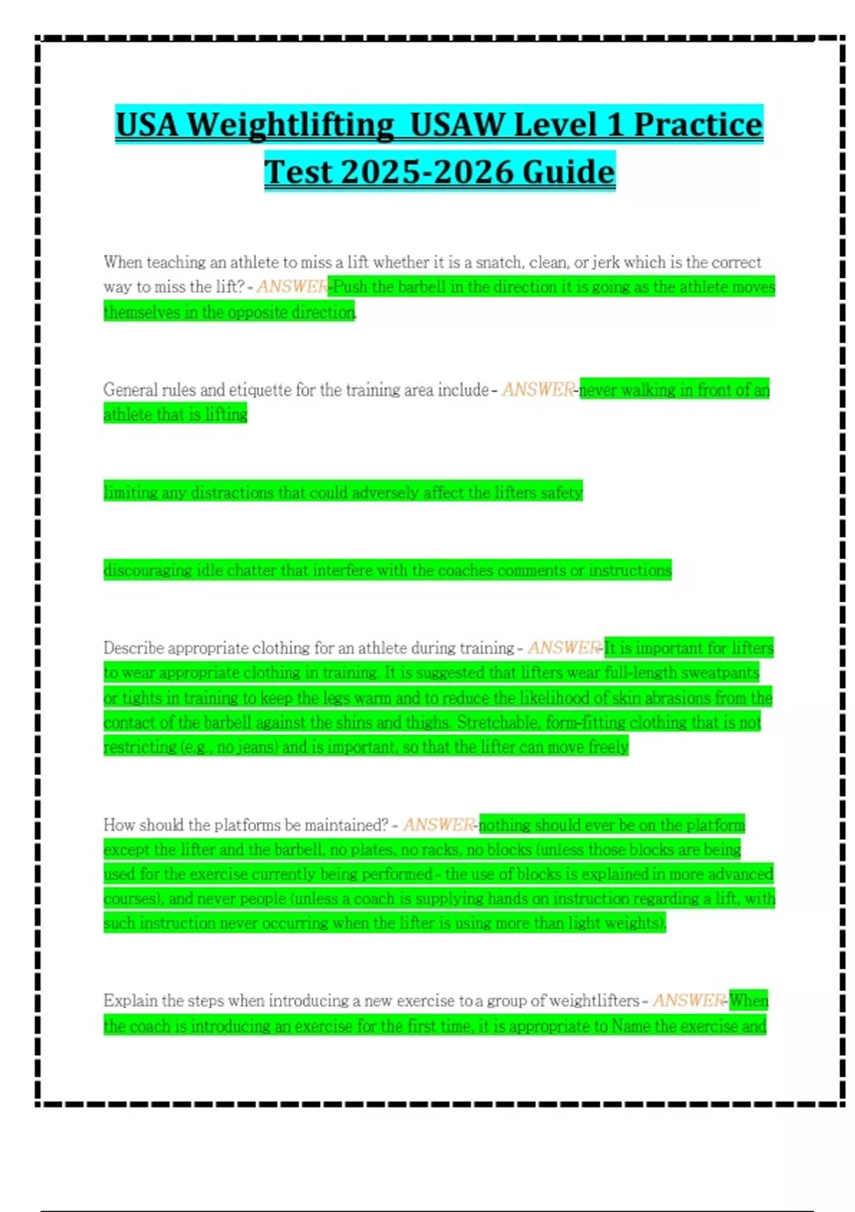 USA Weightlifting USAW Level 1 Practice Test Guide - USA Weightlifting ...