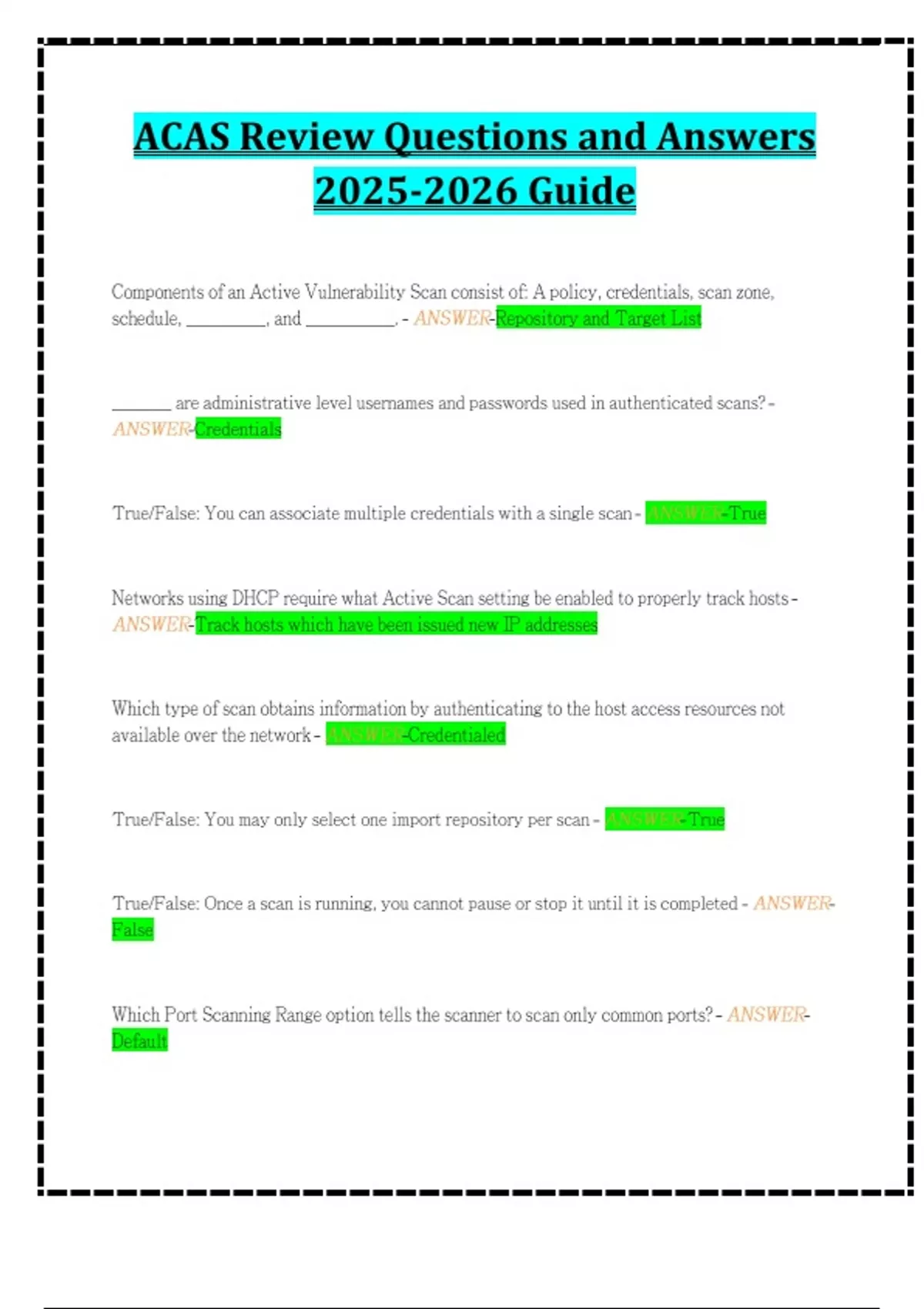 ACAS Review Questions and Answers Guide - ACAS Best Practice - Stuvia US