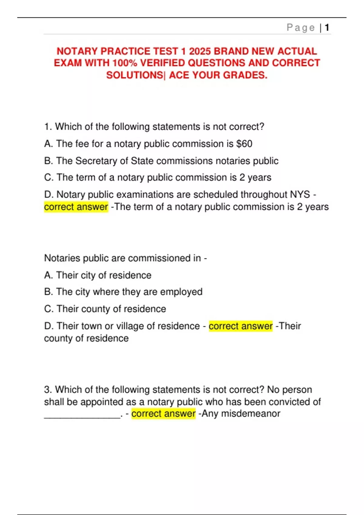 NOTARY PRACTICE TEST 1 2025 BRAND NEW ACTUAL EXAM WITH 100% VERIFIED ...