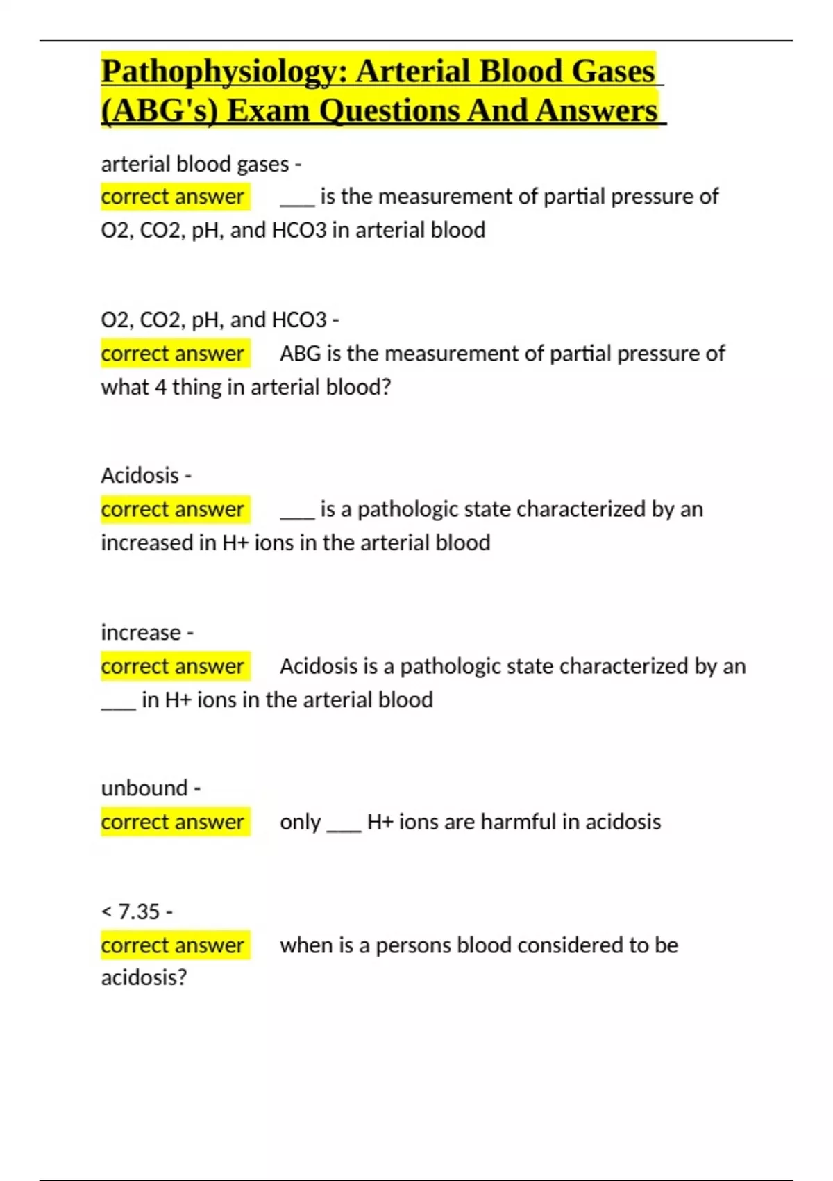 Pathophysiology Arterial Blood Gases (ABG-s) Exam Questions And Answers ...