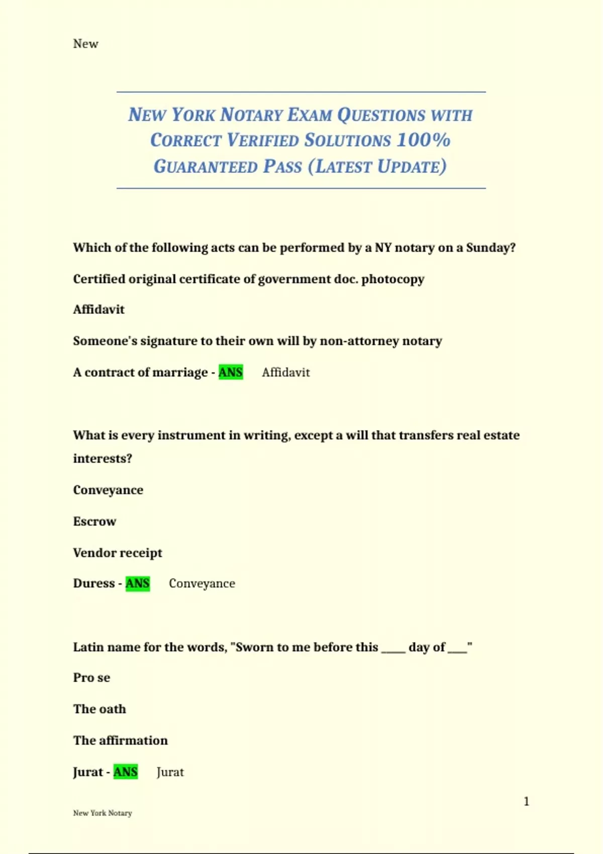 NEW YORK NOTARY EXAM QUESTIONS WITH CORRECT VERIFIED SOLUTIONS 100% ...