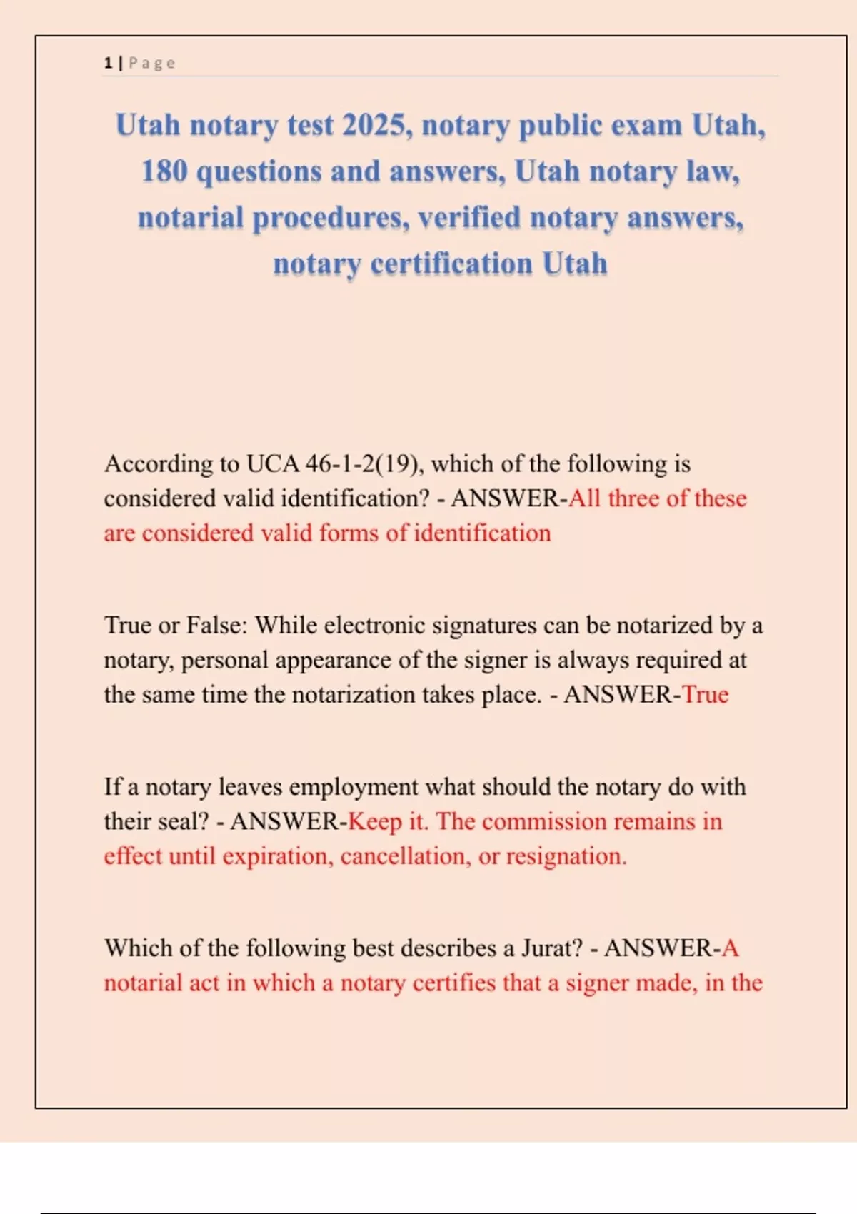 Utah notary test 2025, notary public exam Utah, 180 questions and ...