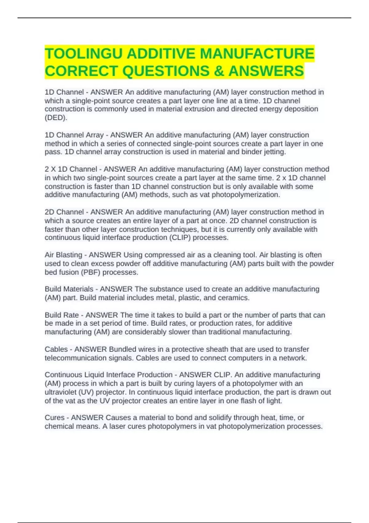 TOOLINGU ADDITIVE MANUFACTURE CORRECT QUESTIONS & ANSWERS - TOOLING U - Stuvia US