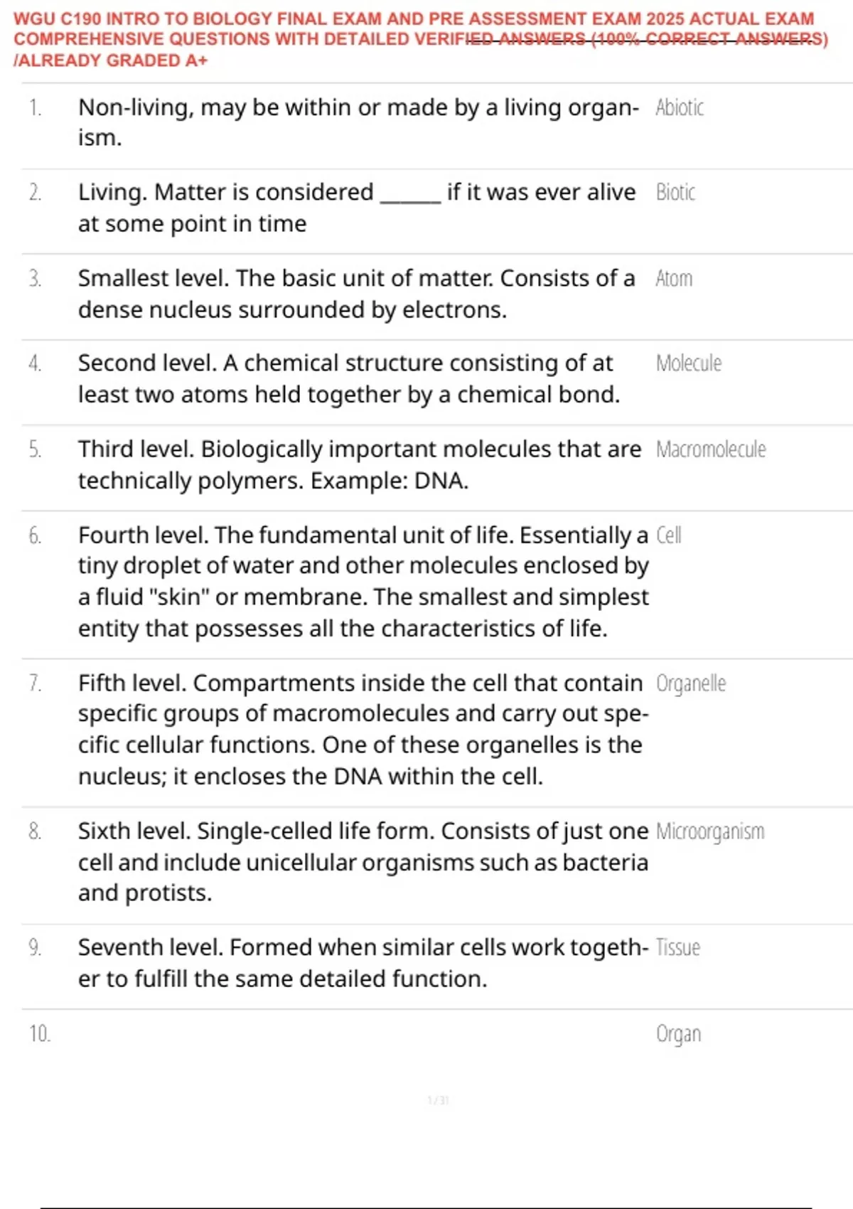 WGU C190 INTRO TO BIOLOGY FINAL EXAM AND PRE ASSESSMENT EXAM 2025 ...