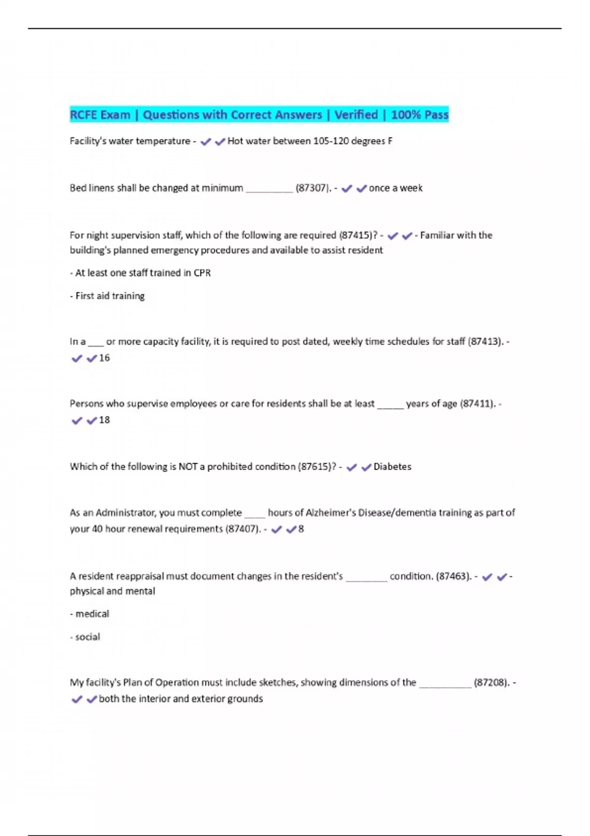 RCFE Exam | Questions with Correct Answers | Verified | 100% Pass ...