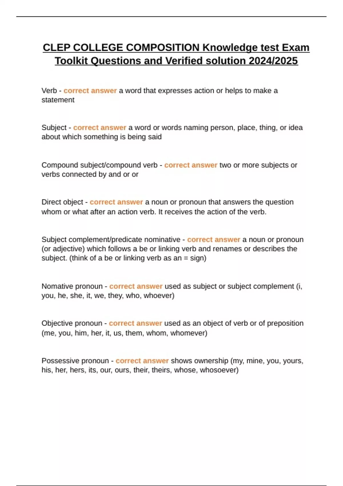 CLEP COLLEGE COMPOSITION Knowledge test Exam Toolkit Questions and ...