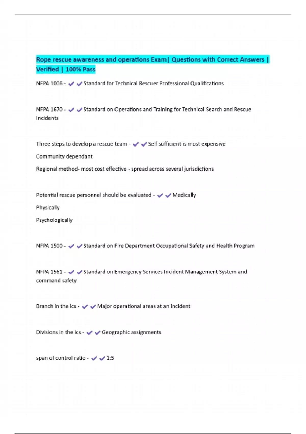 Rope rescue awareness and operations Exam| Questions with Correct Answers | Verified | 100% Pass ...