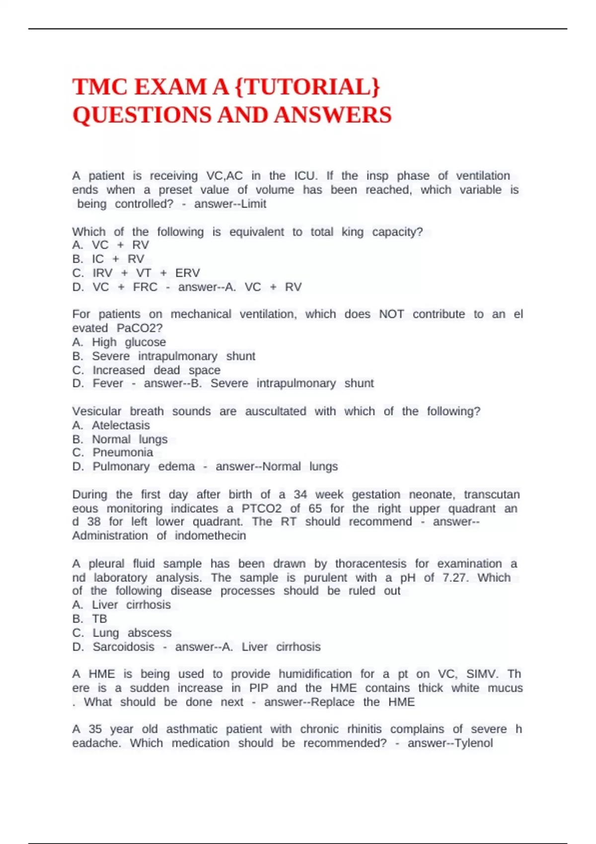 TMC EXAM A {TUTORIAL} QUESTIONS AND ANSWERS - TMC - Stuvia US