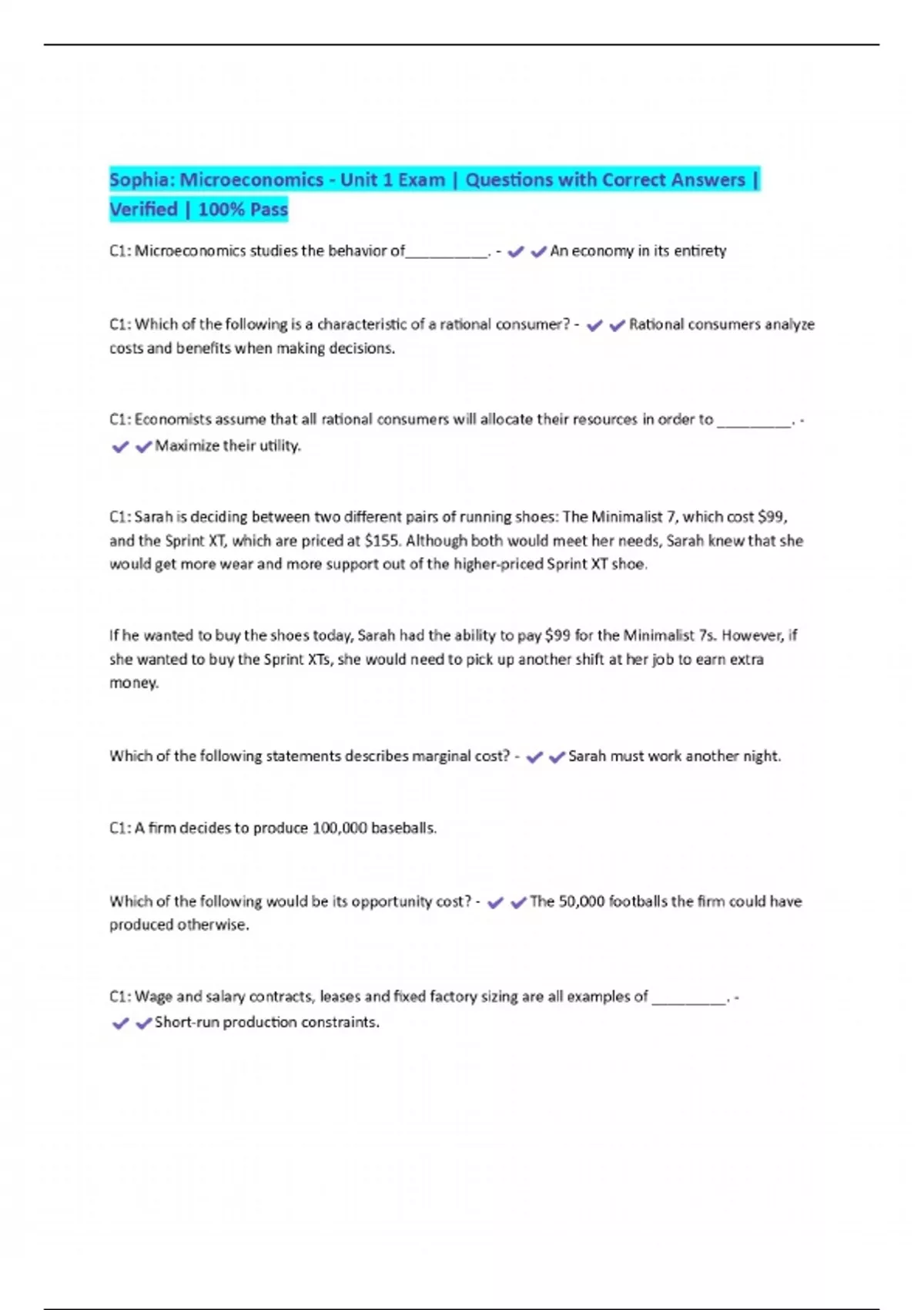 Sophia: Microeconomics - Unit 1 Exam | Questions with Correct Answers | Verified | 100% Pass ...
