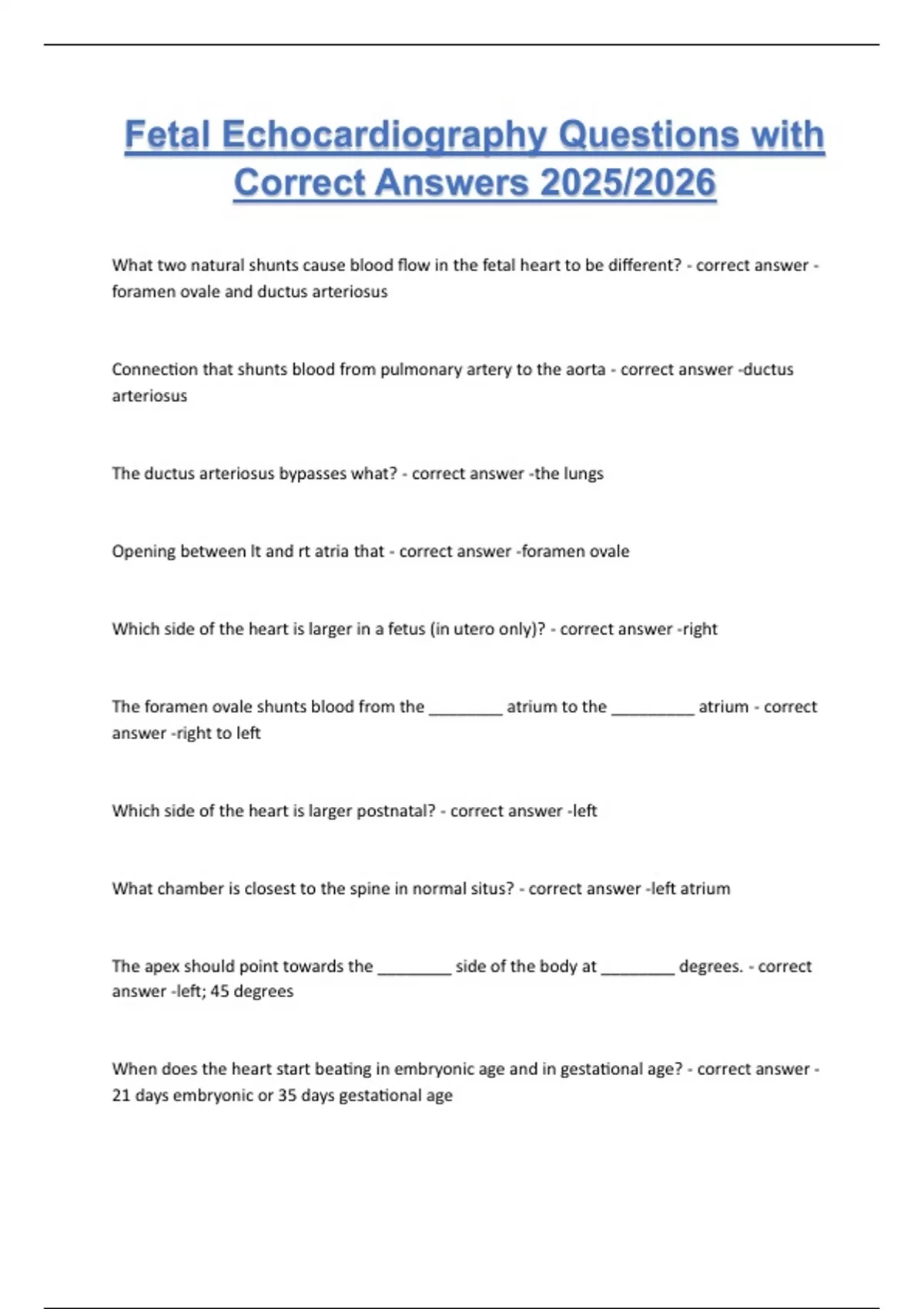 Fetal Echocardiography Questions with Correct Answers 2025/2026 - Cardio - Stuvia US