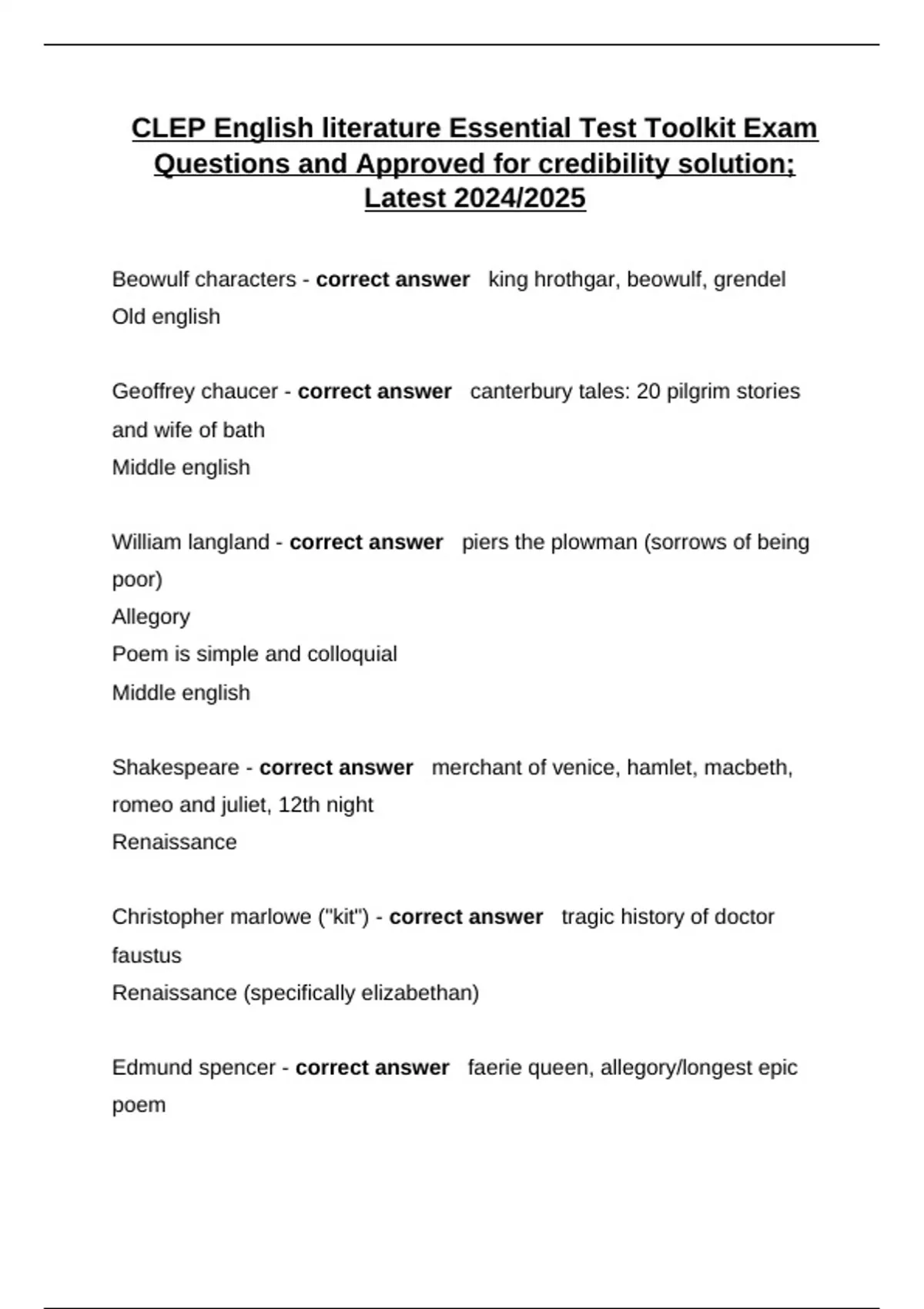 CLEP English literature Essential Test Toolkit Exam Questions and ...