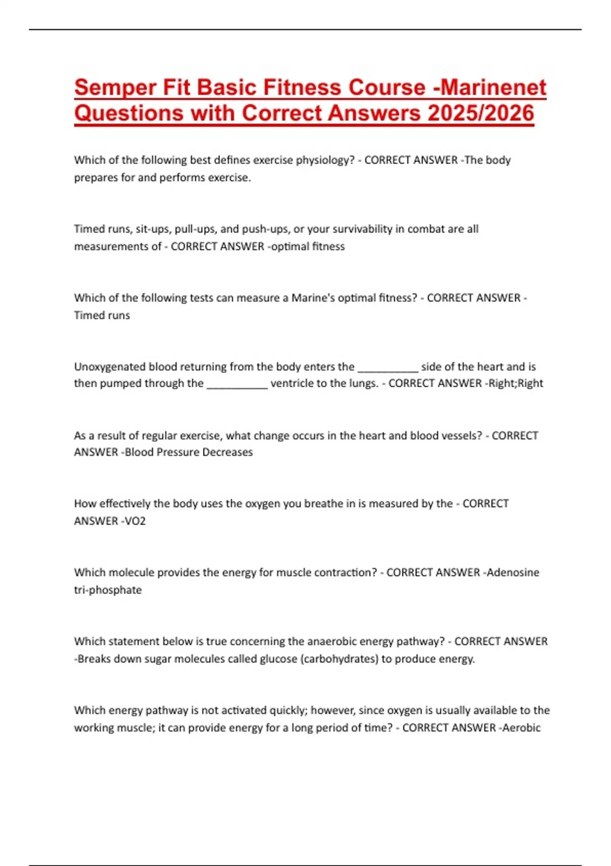 Semper Fit Basic Fitness Course -Marinenet Questions with Correct ...