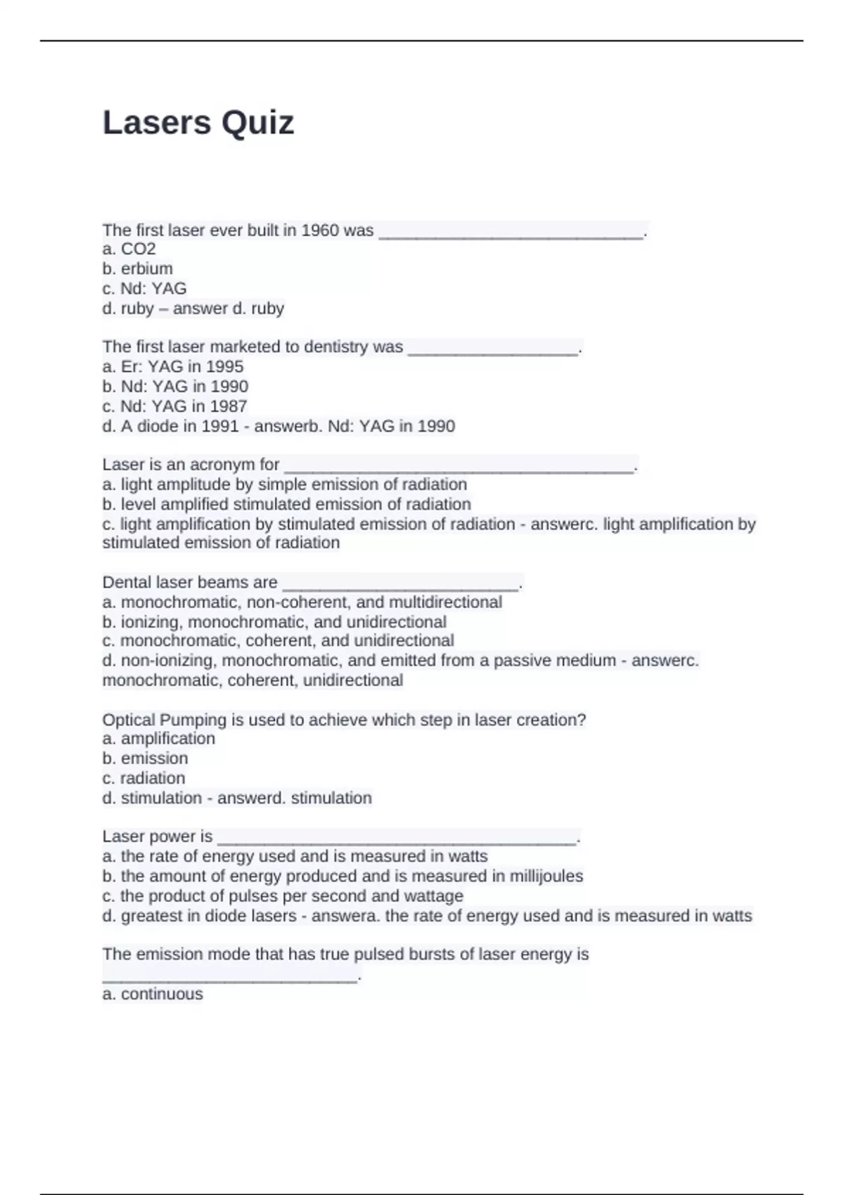 Lasers Quiz Questions and Answers Fully Solved - LASER - Stuvia US