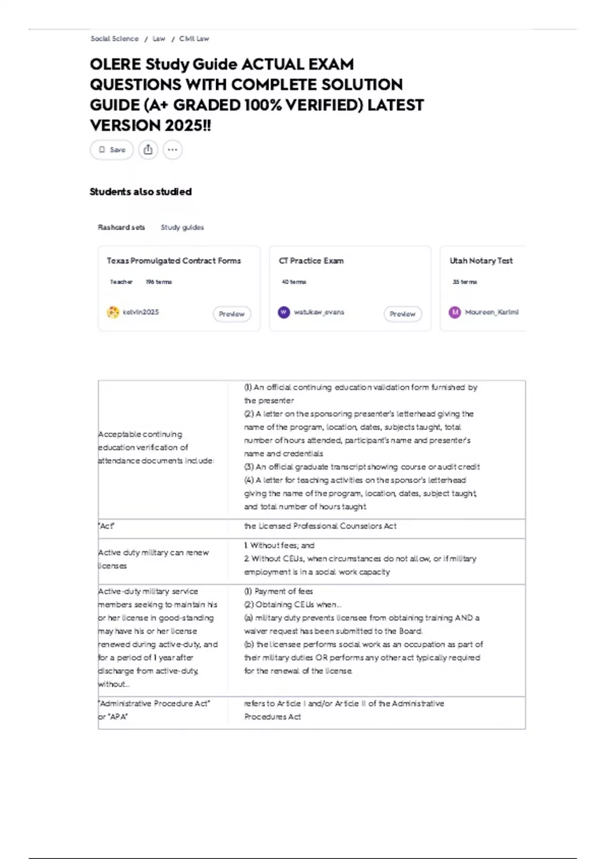 OLERE Study Guide 190 ACTUAL EXAM QUESTIONS WITH COMPLETE SOLUTION ...