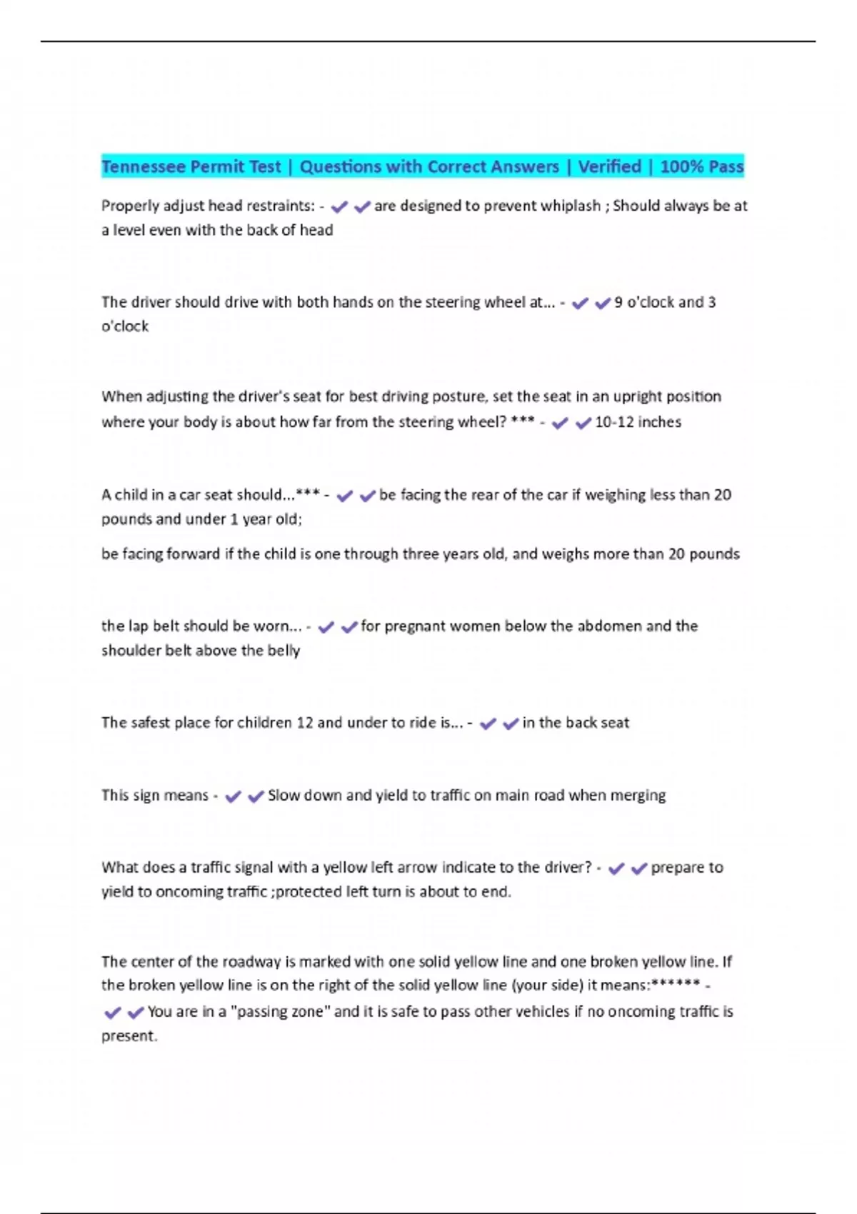 Tennessee Permit Test | Questions with Correct Answers | Verified | 100 ...