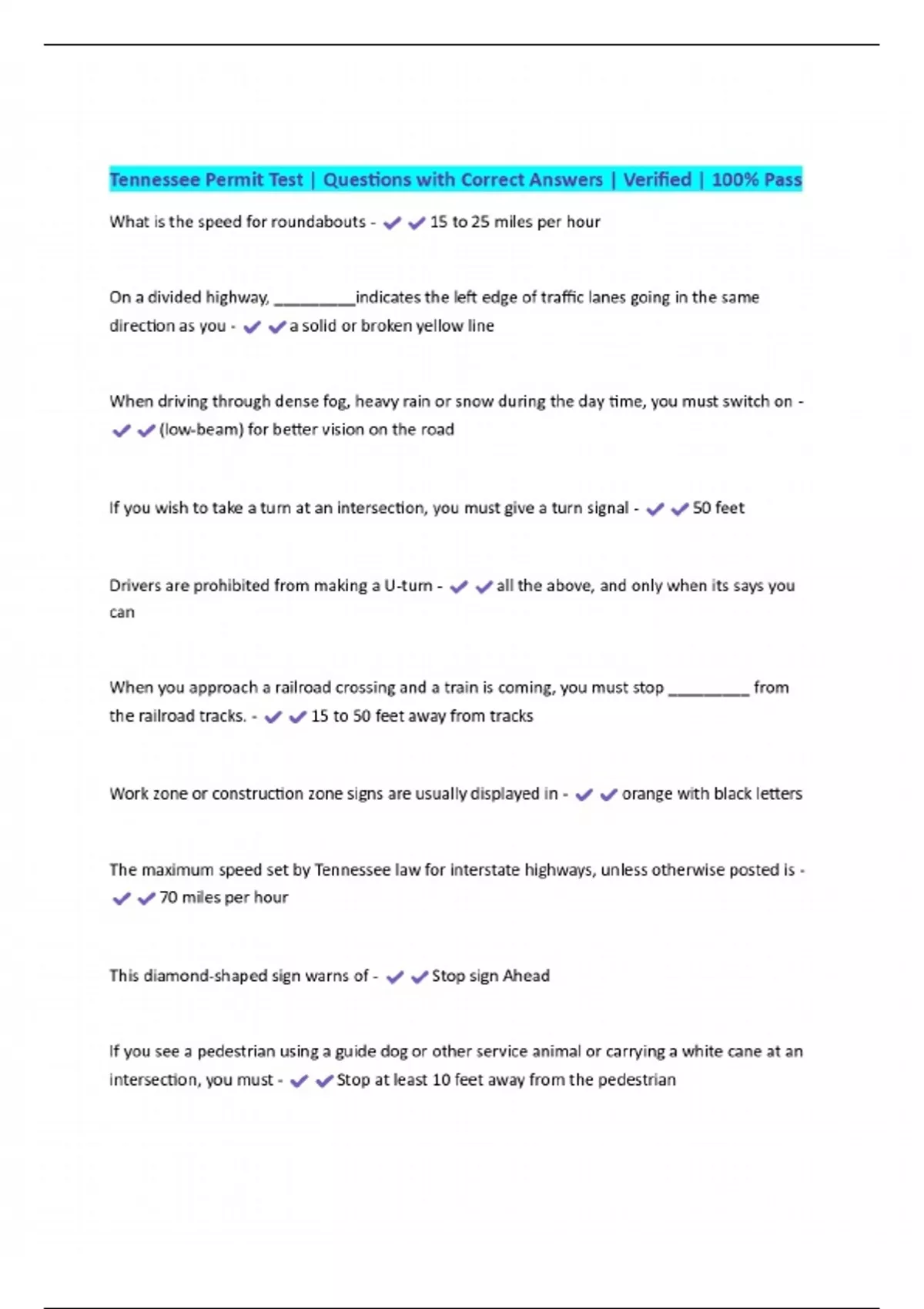 Tennessee Permit Test | Questions with Correct Answers | Verified | 100 ...