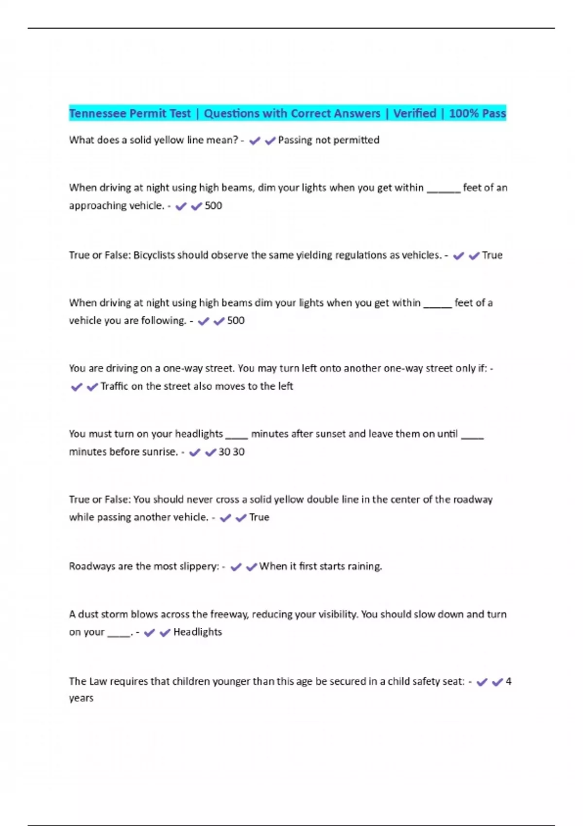 Tennessee Permit Test | Questions with Correct Answers | Verified | 100 ...