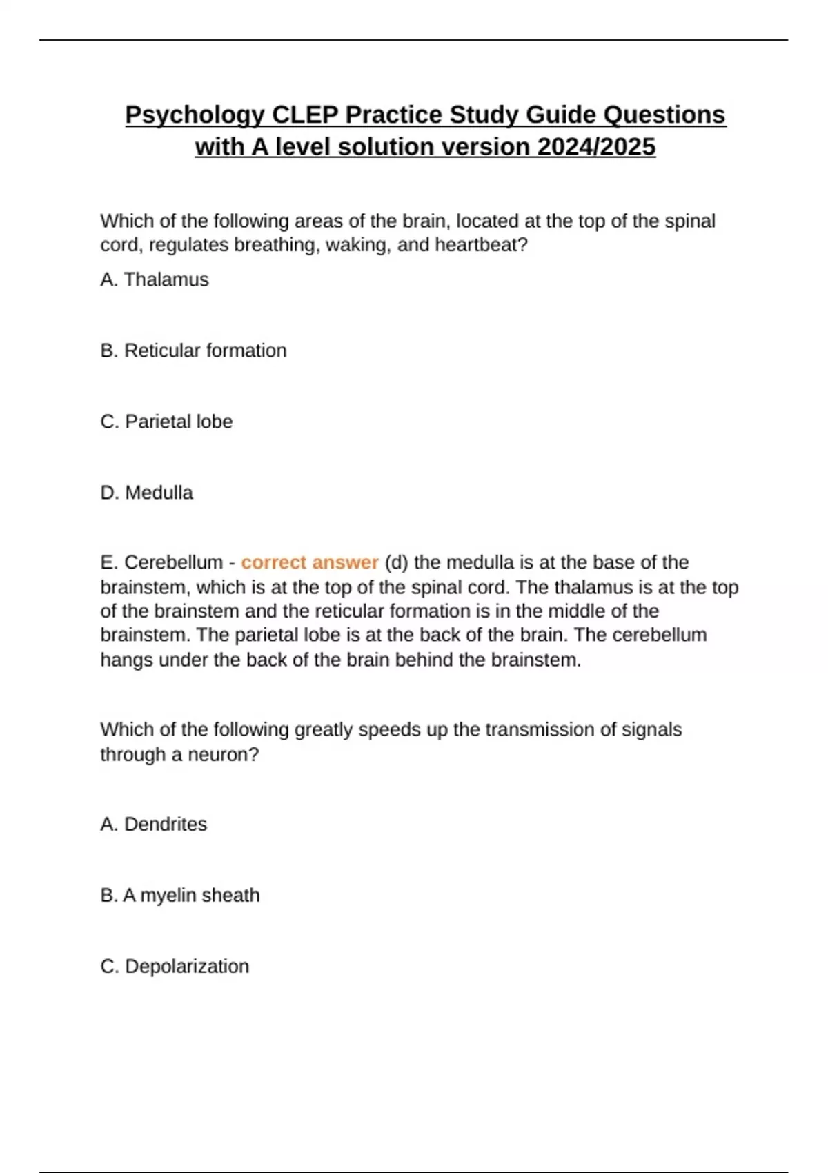 Psychology CLEP Practice Study Guide Questions with A level solution ...