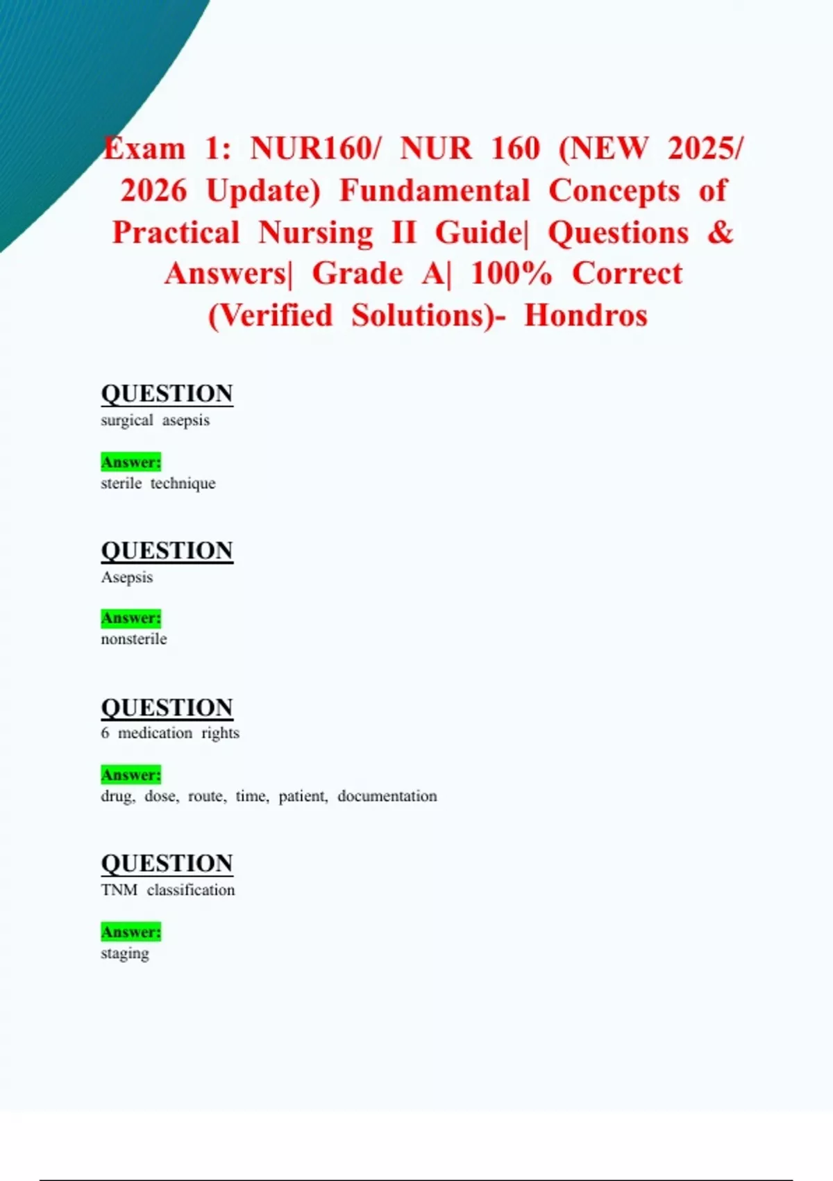 Exam 1 Nur160 Nur 160 New 2025 2026 Update Fundamental Concepts Of