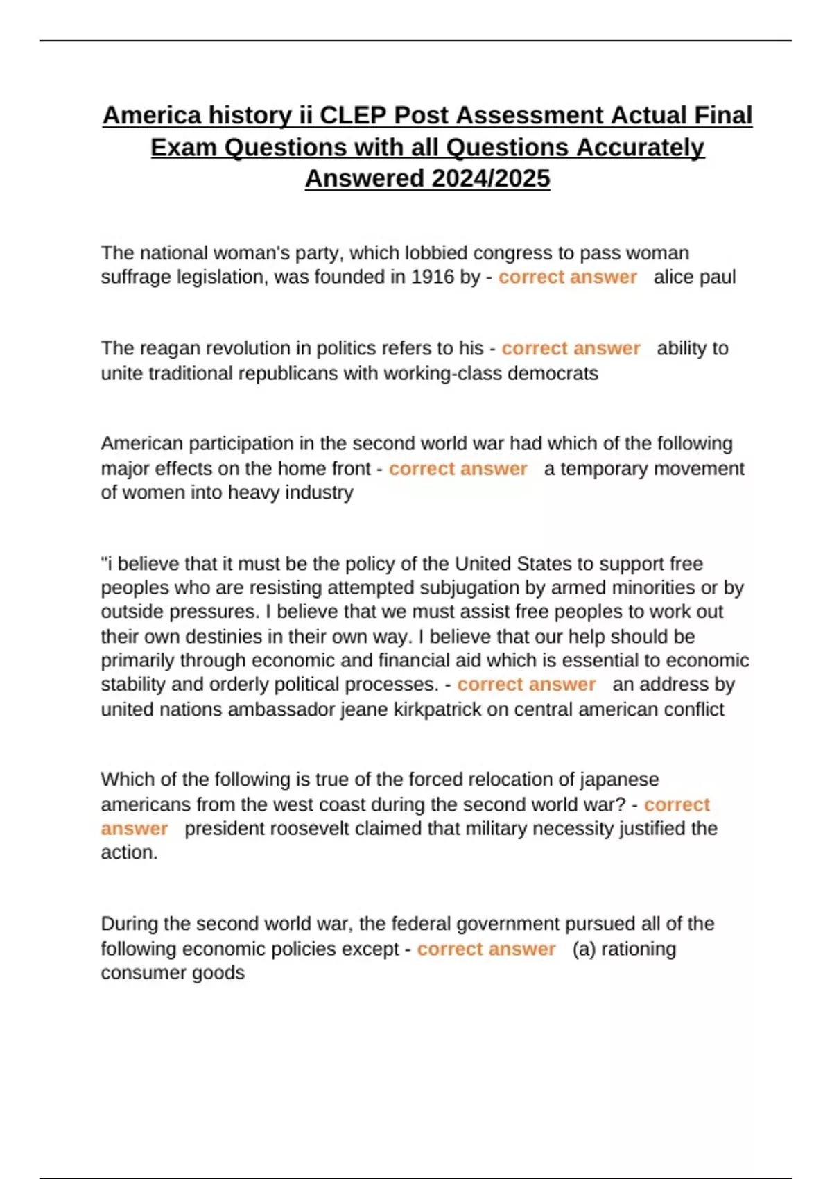 America history ii CLEP Post Assessment Actual Final Exam Questions ...