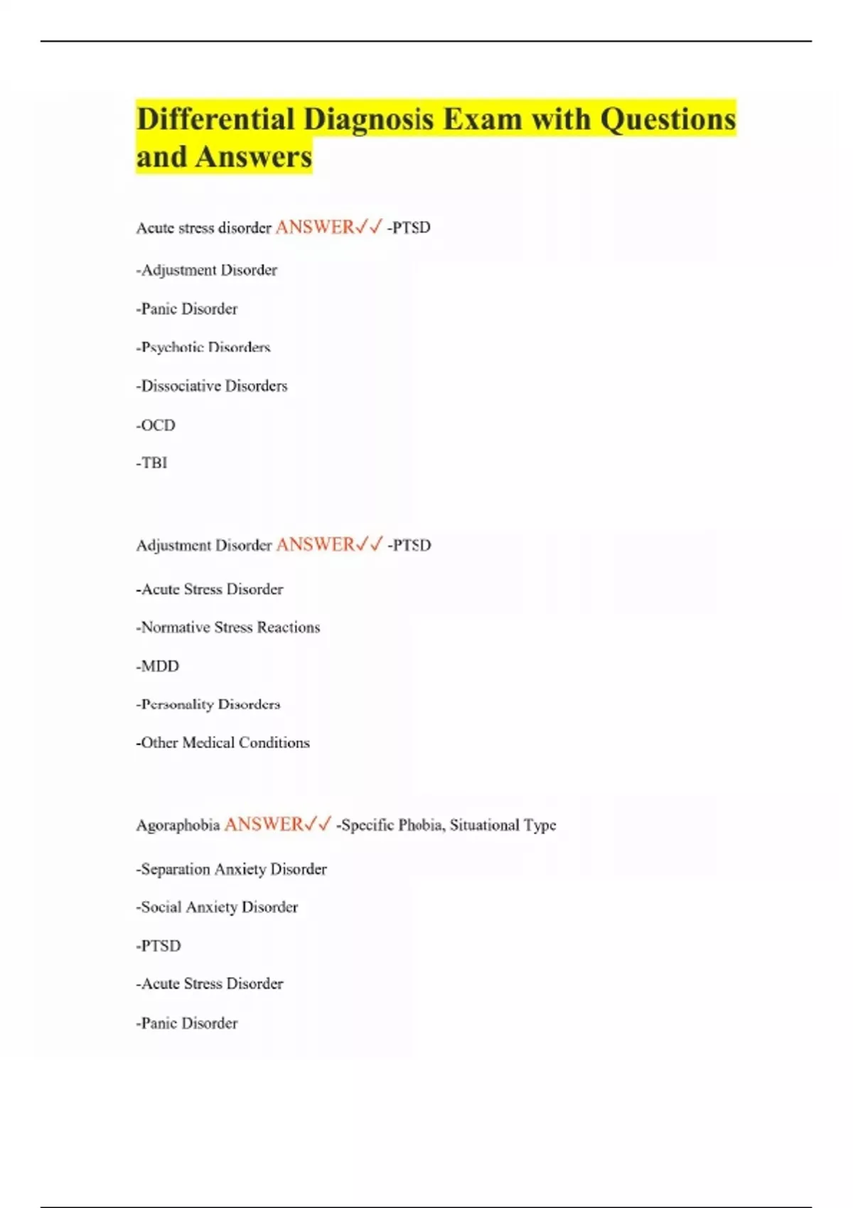 Differential Diagnosis Exam with Questions and Answers - Nursing ...