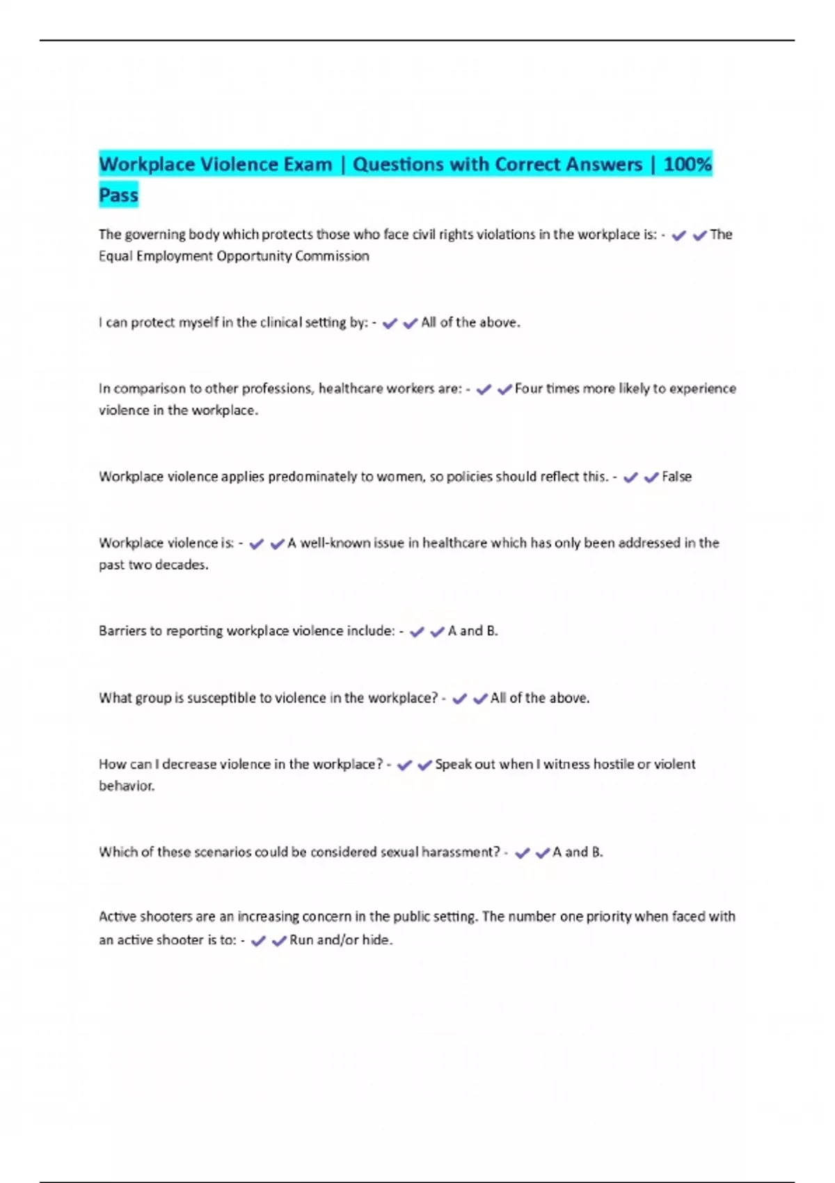 Workplace Violence Exam | Questions with Correct Answers | 100% Pass ...