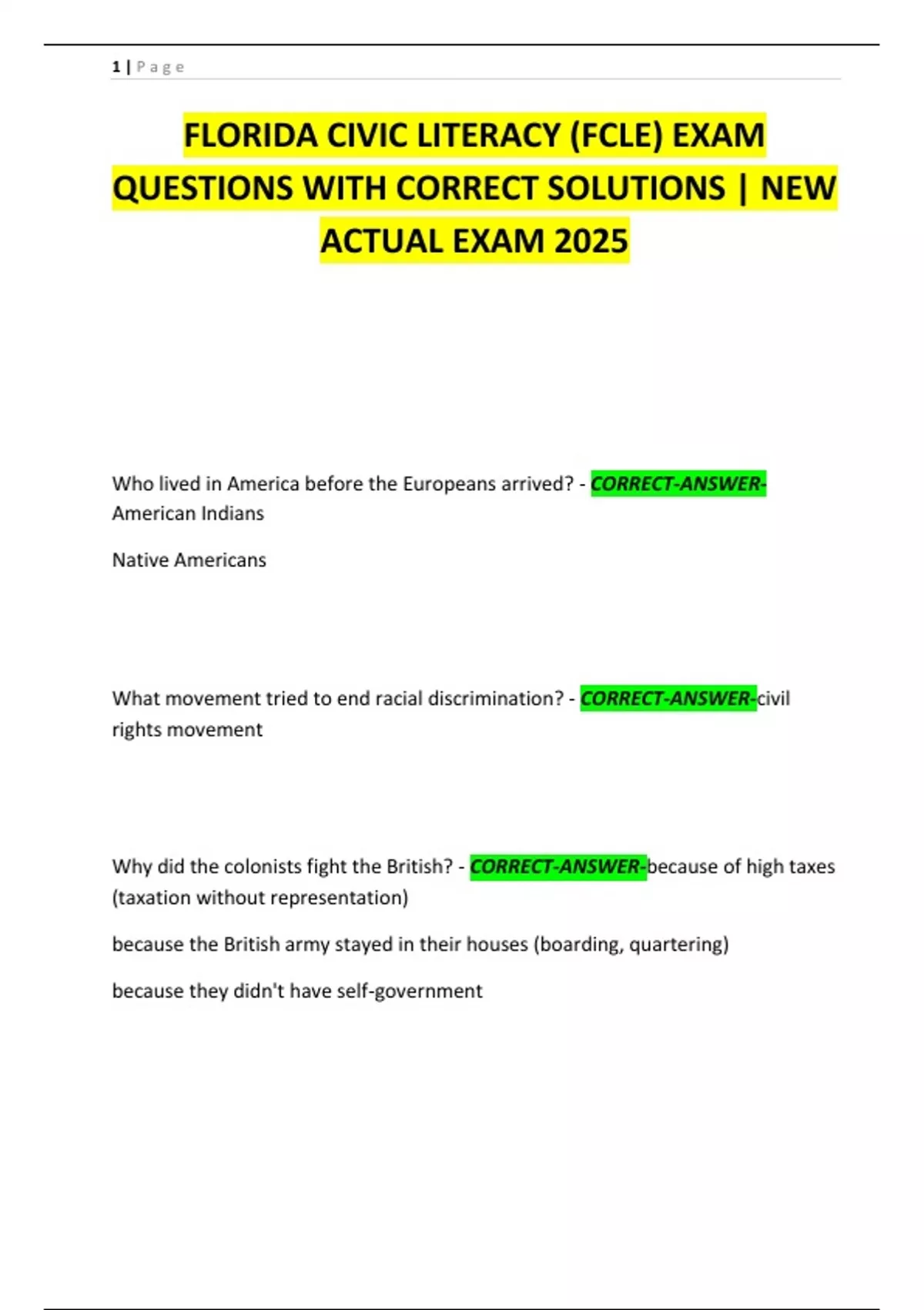 FLORIDA CIVIC LITERACY (FCLE) EXAM QUESTIONS WITH CORRECT SOLUTIONS ...