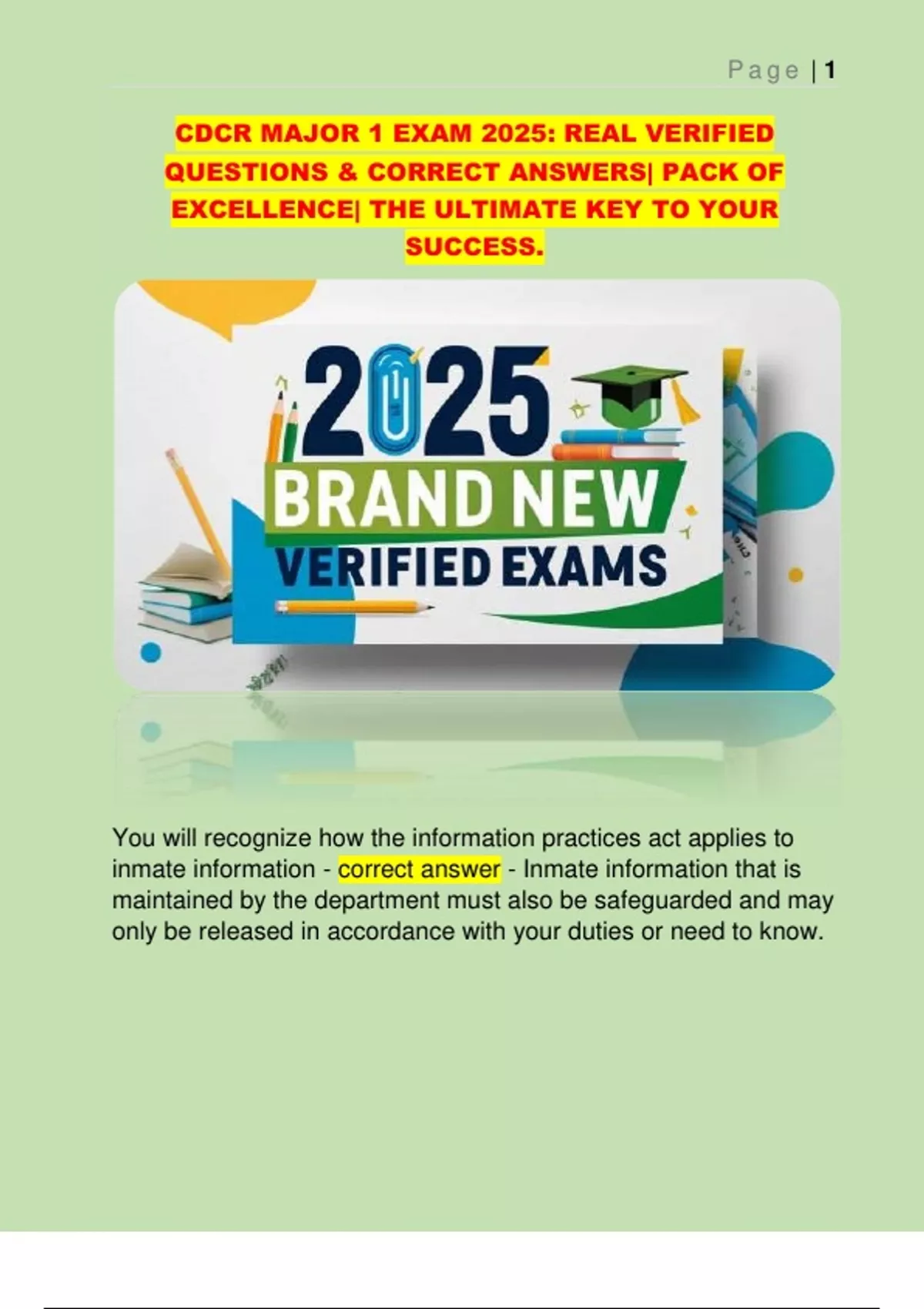 CDCR MAJOR 1 EXAM 2025: REAL VERIFIED QUESTIONS & CORRECT ANSWERS| PACK ...